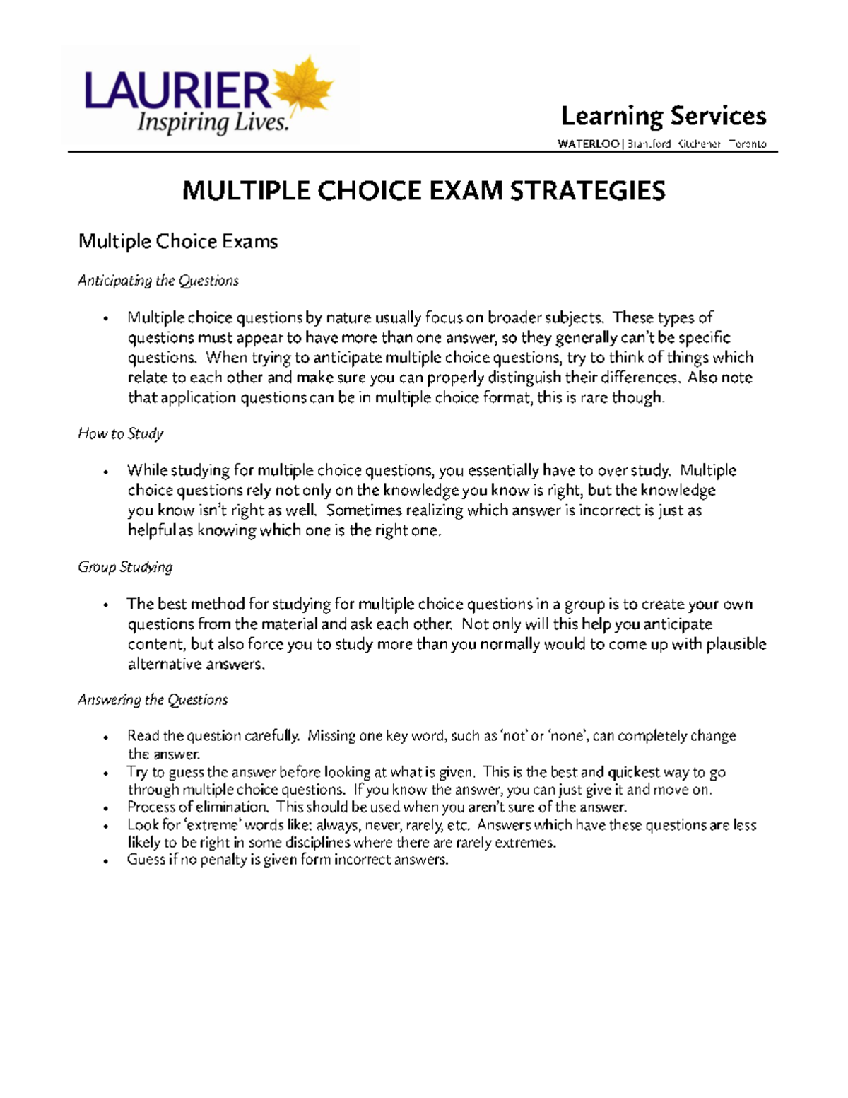 Multiple Choice Exam-Strategies - PSYCH2042 - Studocu