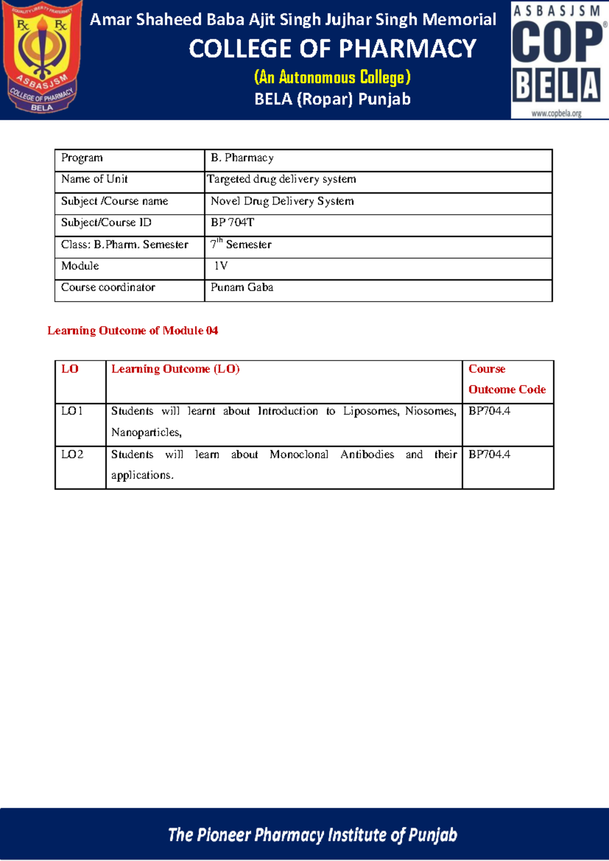 NDDS UNIT 4 - ASBASJSM COLLEGE OF PHARMACY (AN AUTONOMOUS COLLEGE) BELA ...
