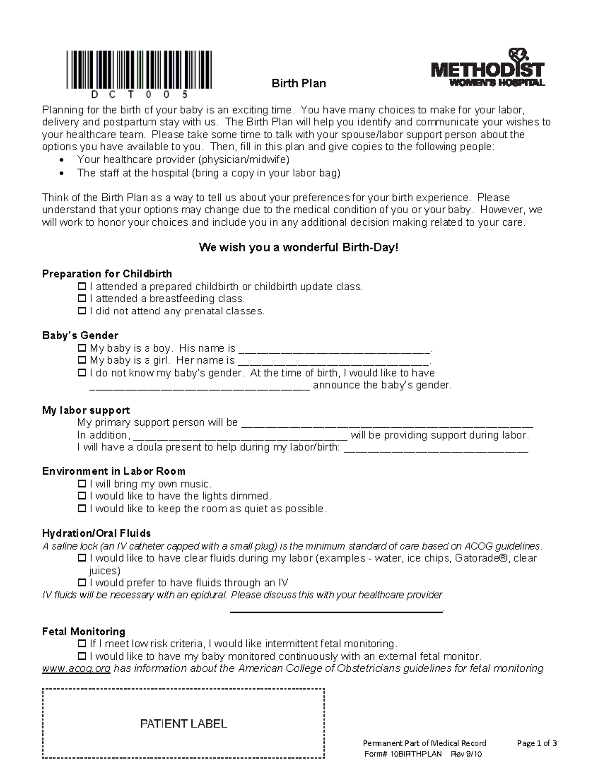 Birth Plan Template 19 - xaxaxaxa - PATIENT LABEL Permanent Part of ...