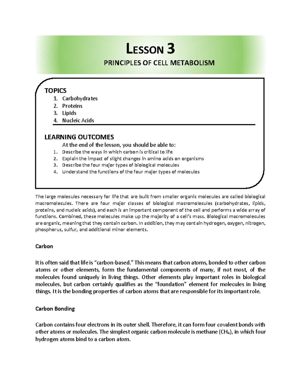 Module - Lesson 3 - TOPICS 1. Carbohydrates 2. Proteins 3. Lipids 4 ...