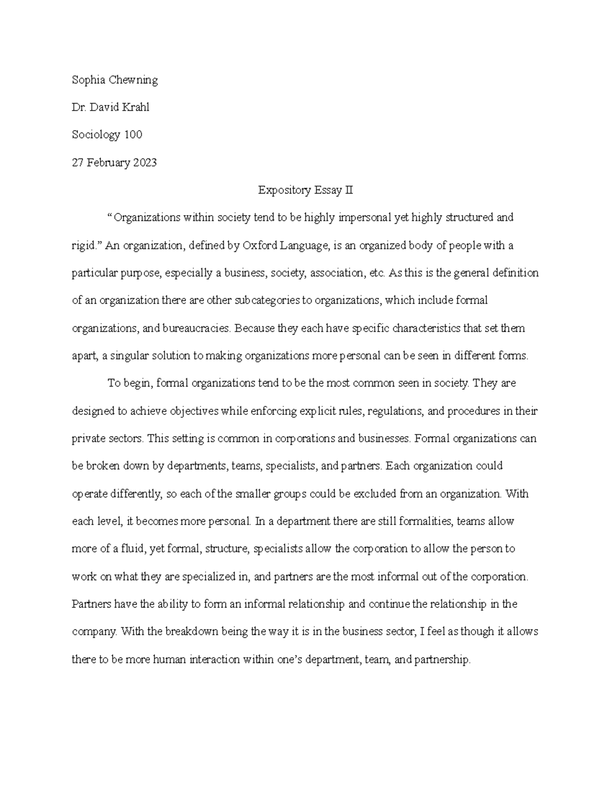 Expository essay II - Sophia Chewning Dr. David Krahl Sociology 100 27 ...