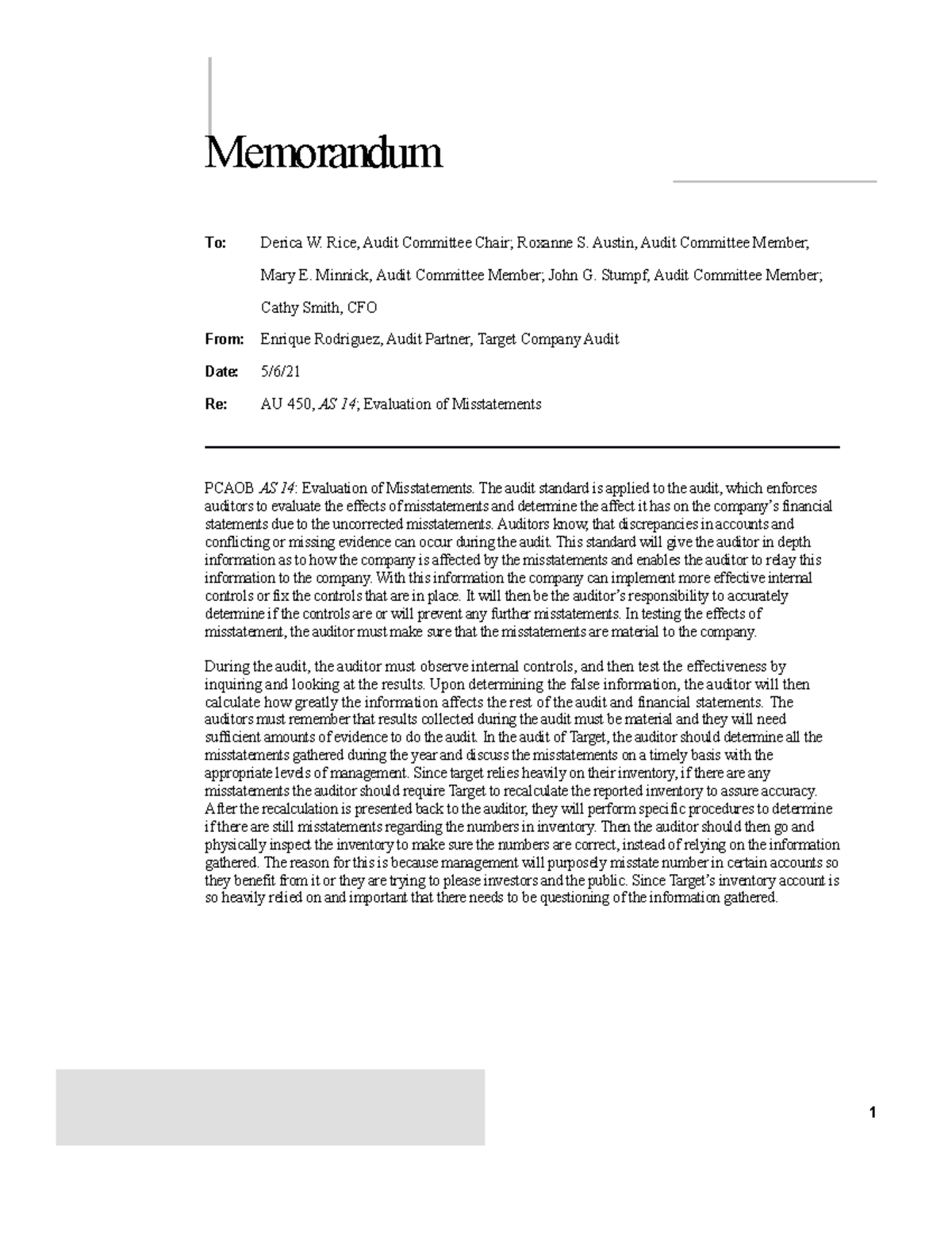 Audit Memo 5 - Assignment that was outlined in the syllabus that was ...