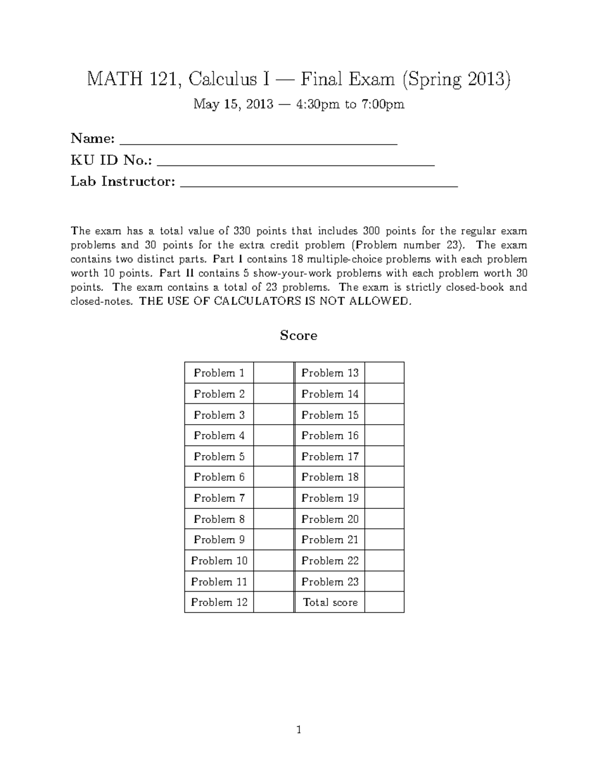 2013 fa121final exam sample - MATH 121, Calculus I — Final Exam (Spring 2013) May 15, 2013 — 4 ...