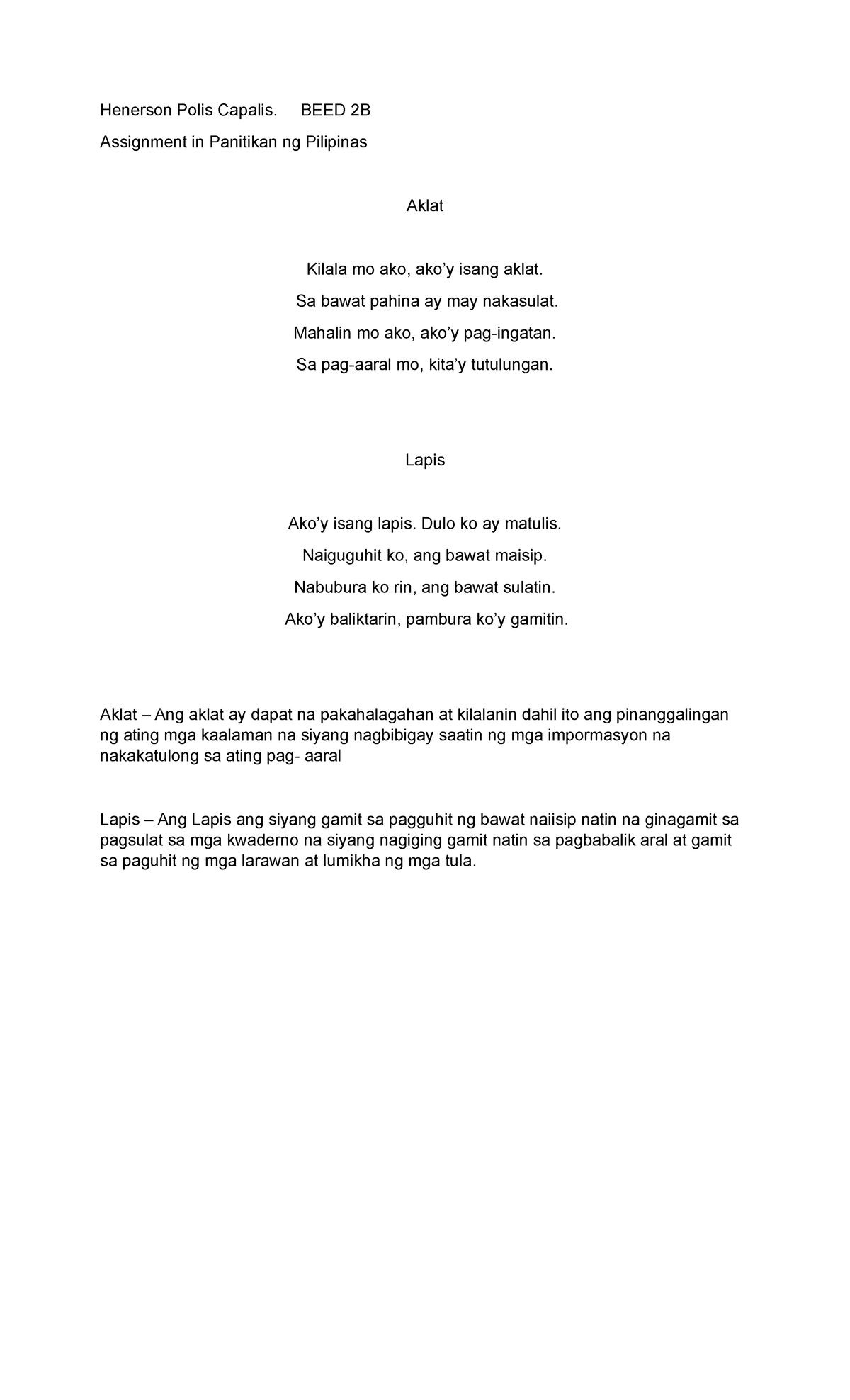 Filipino Assignment - Summary Education - Henerson Polis Capalis. BEED ...