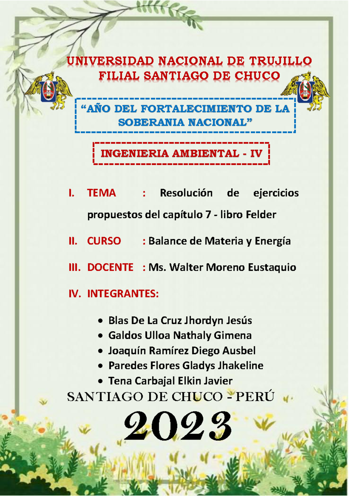 Tarea SEM 14 CAP 7 Felder - UNIVERSIDAD NACIONAL DE TRUJILLO FILIAL SANTIAGO DE CHUCO “AÑO DEL ...