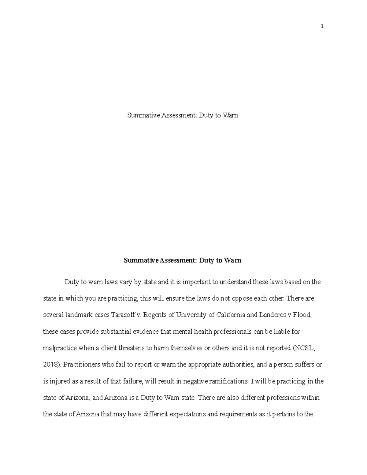 Summative Assessment - There are several landmark cases Tarasoff v ...