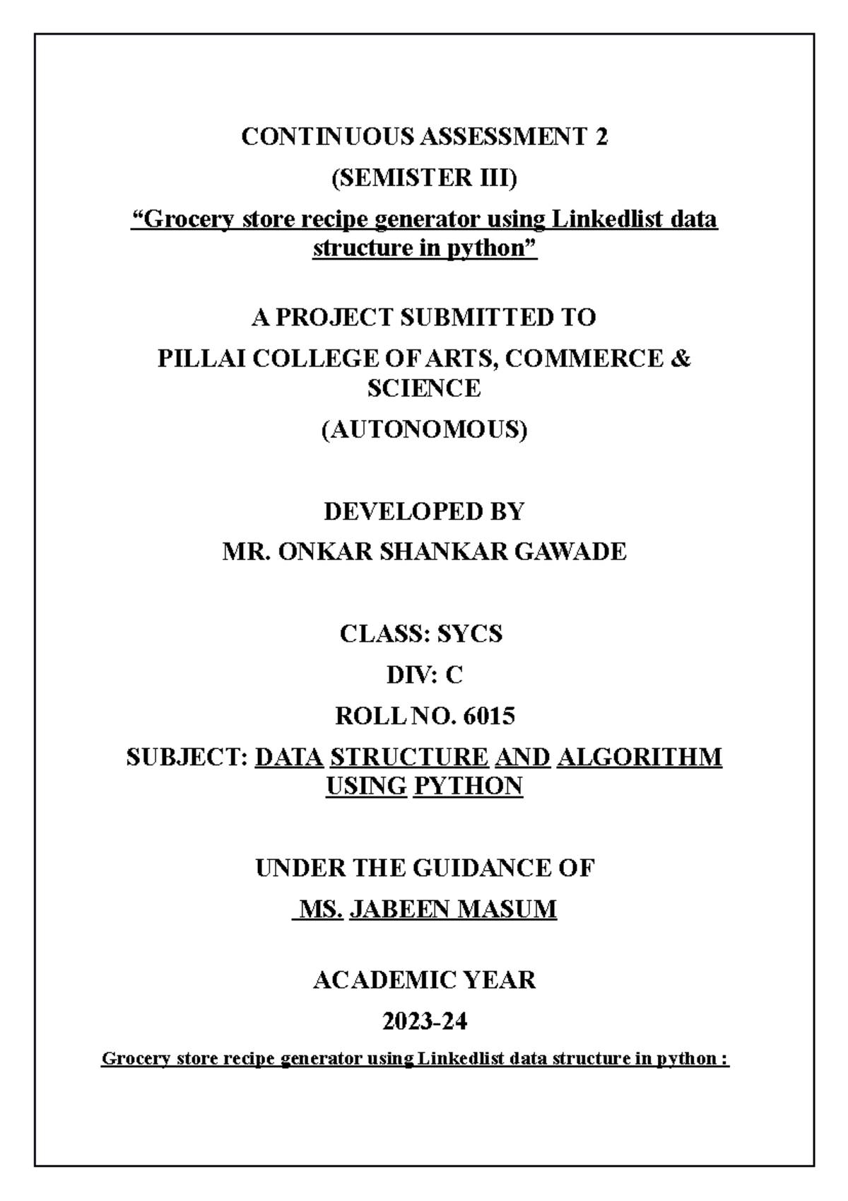 6015 SYCS(C) Data Structure CA2 - CONTINUOUS ASSESSMENT 2 (SEMISTER III ...