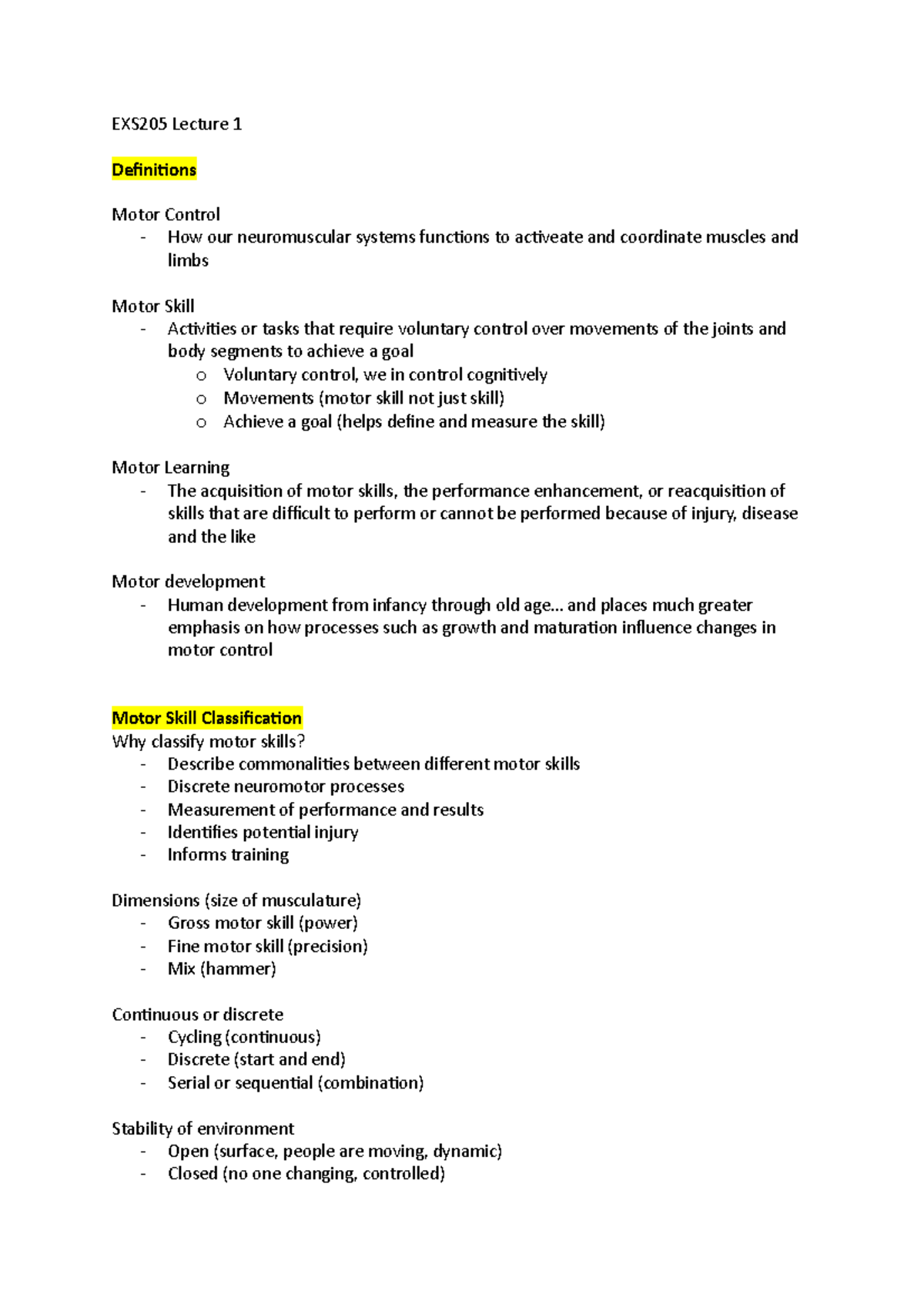 Definitions, Motor Skill Classifications - EXS205 Lecture 1 Definitions Motor Control - How our ...
