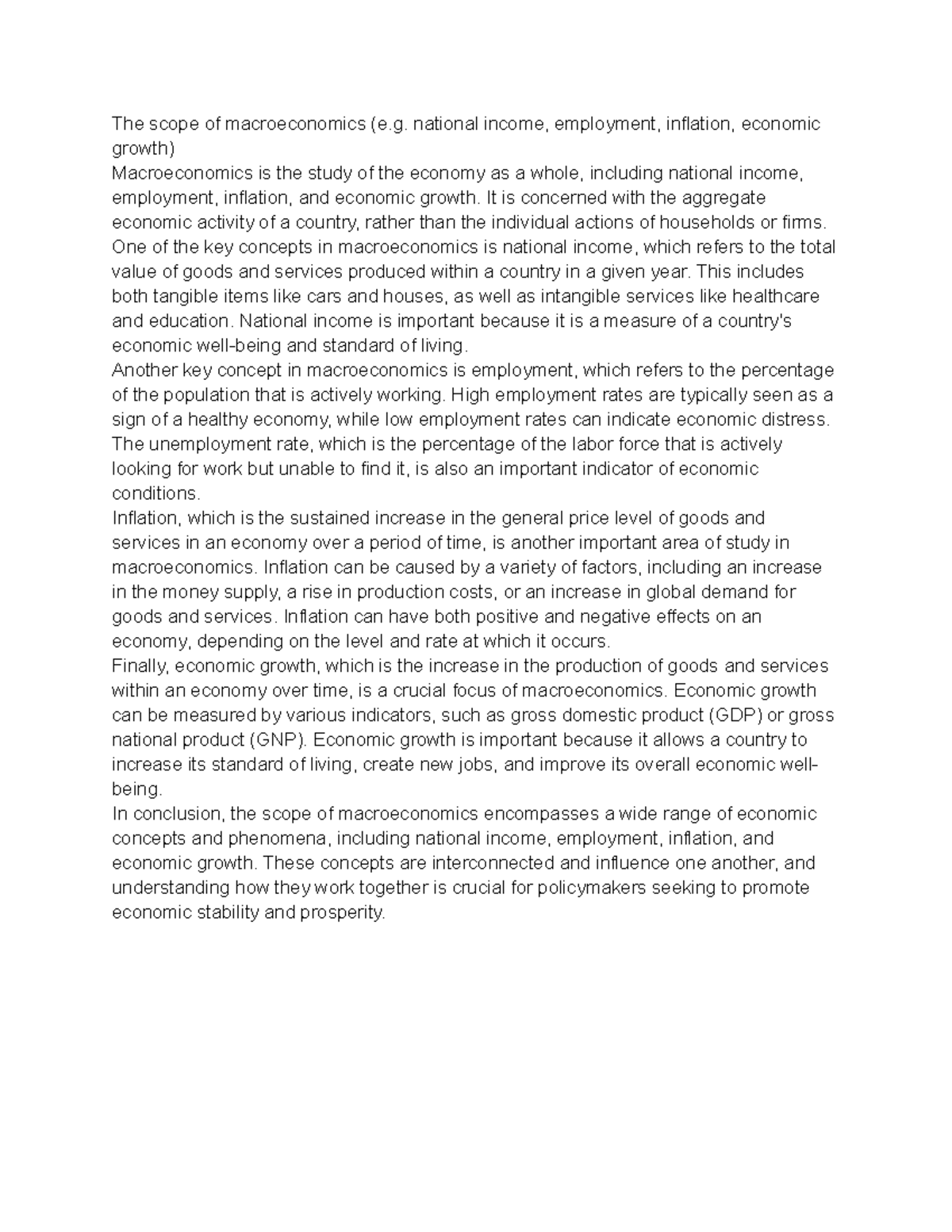 The scope of macroeconomics (e - national income, employment, inflation ...