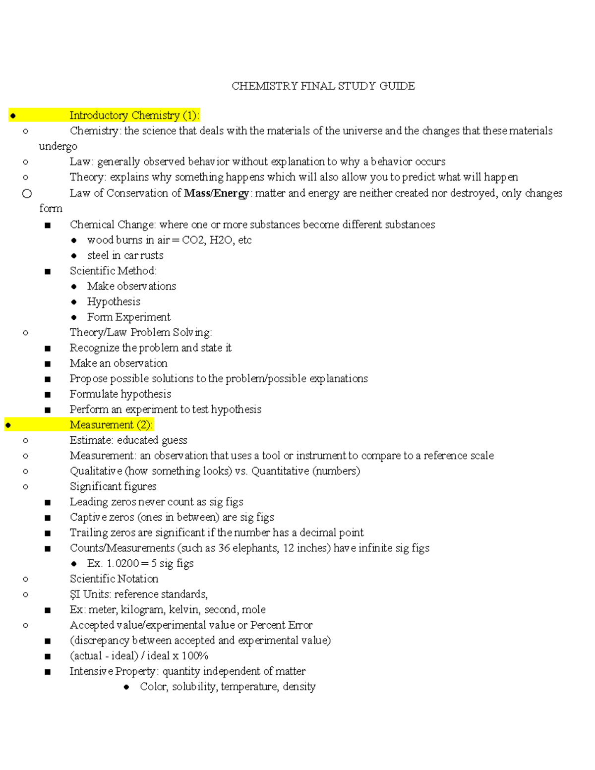 Chem final - chem - CHEMISTRY FINAL STUDY GUIDE Introductory Chemistry ...
