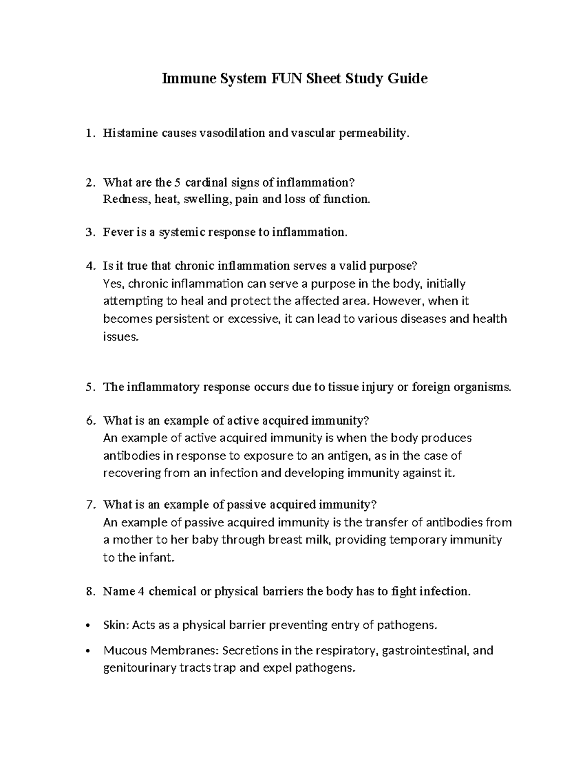 Immune FUN Sheet Student - Immune System FUN Sheet Study Guide 1 ...