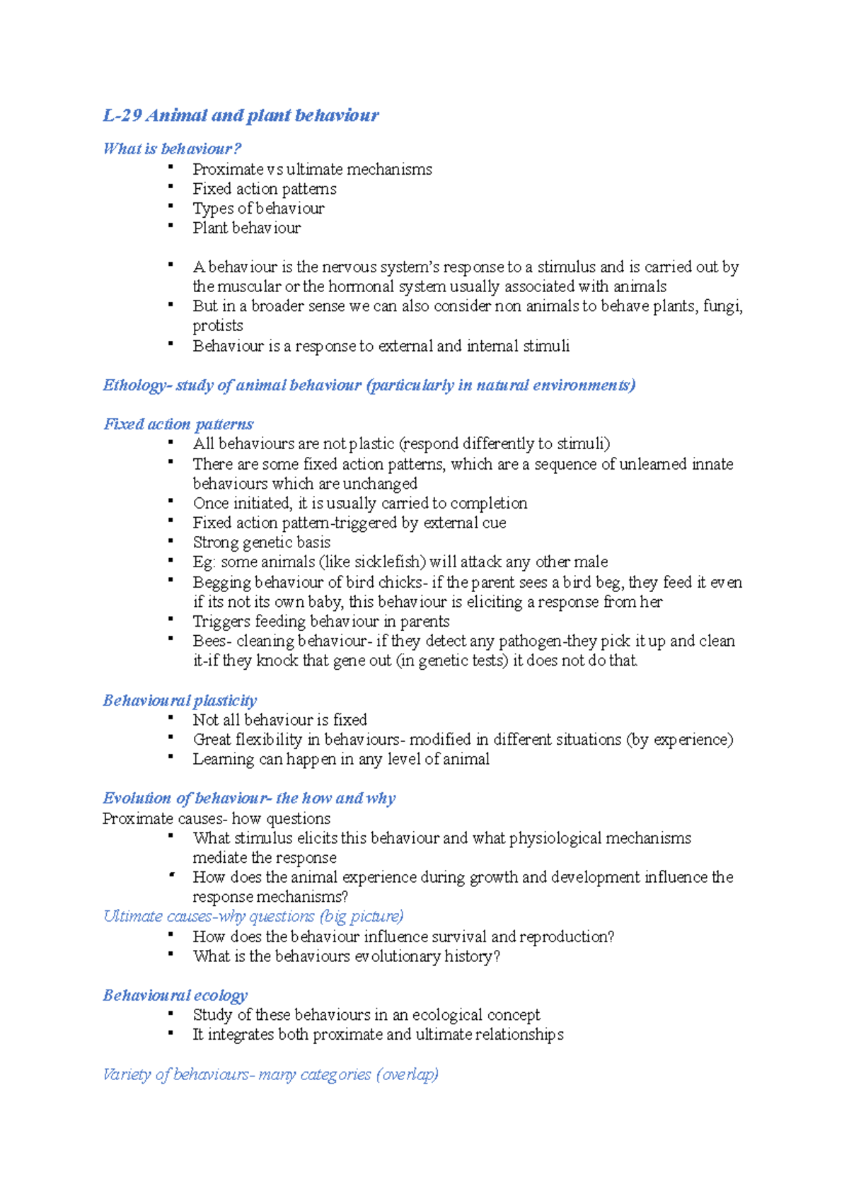 BIOL1310 Lecture 29 - Animal and plant behaviorour - L-29 Animal and ...