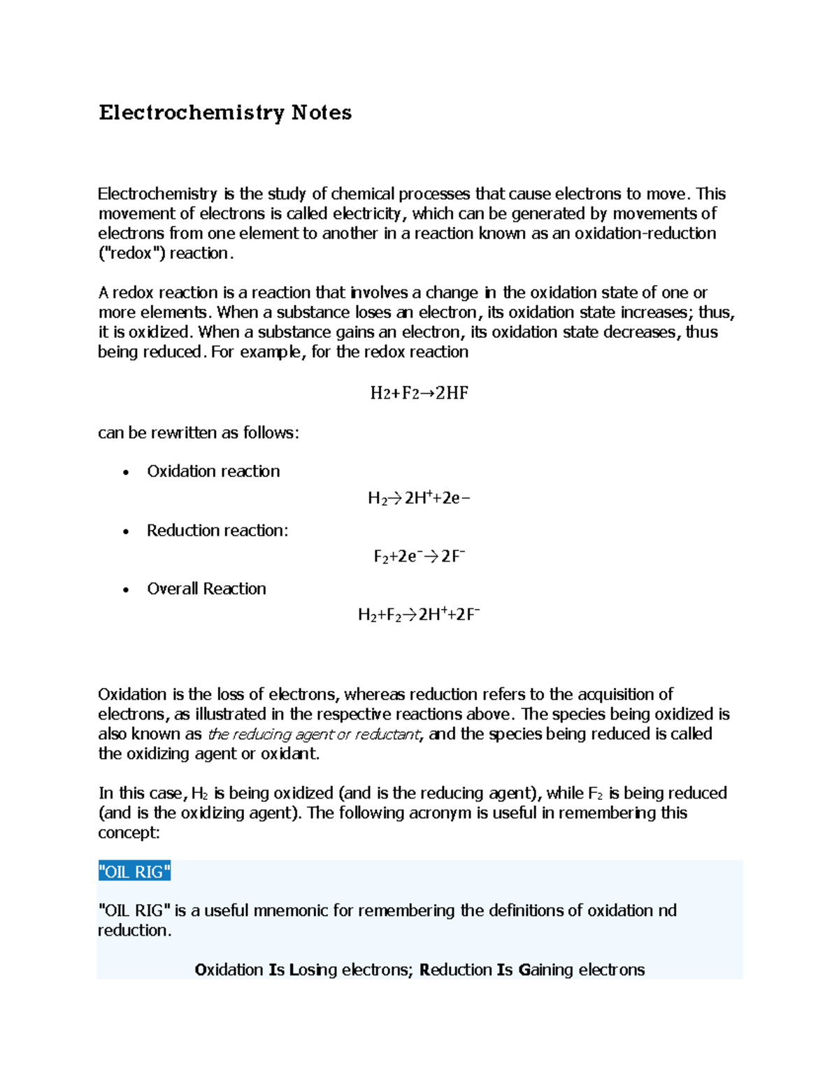 Electrochemistry-Notes - Electrochemistry Notes Electrochemistry is the ...