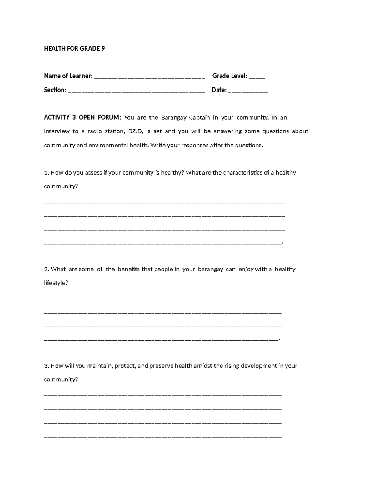 Health 9 - 5 - asdvxzcv - HEALTH FOR GRADE 9 Name of Learner