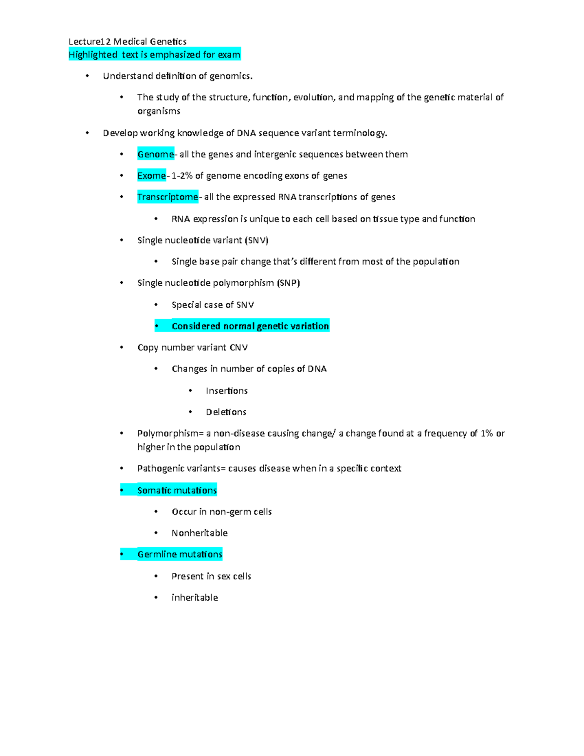 Unit2Lecture 12Medical Genetics Learning Objectives - Lecture12 Medical Genetics Highlighted ...