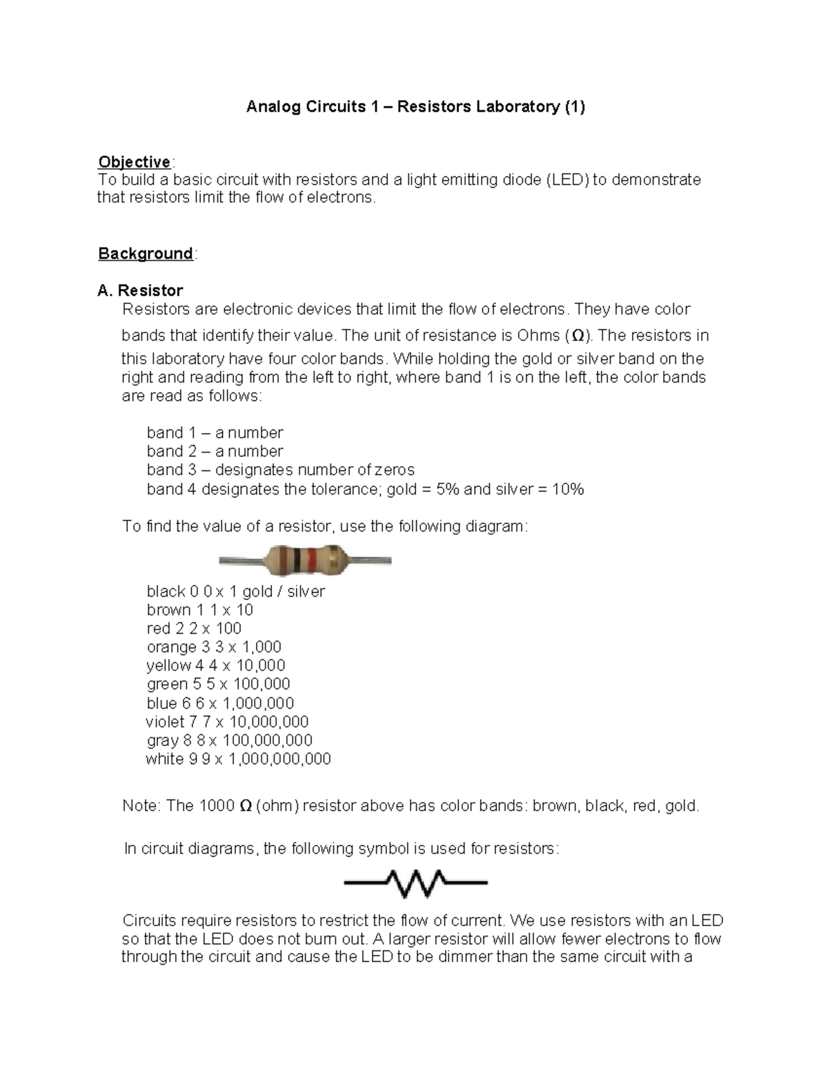 Analog 1-2 - fjskjd - Analog Circuits 1 – Resistors Laboratory (1 ...