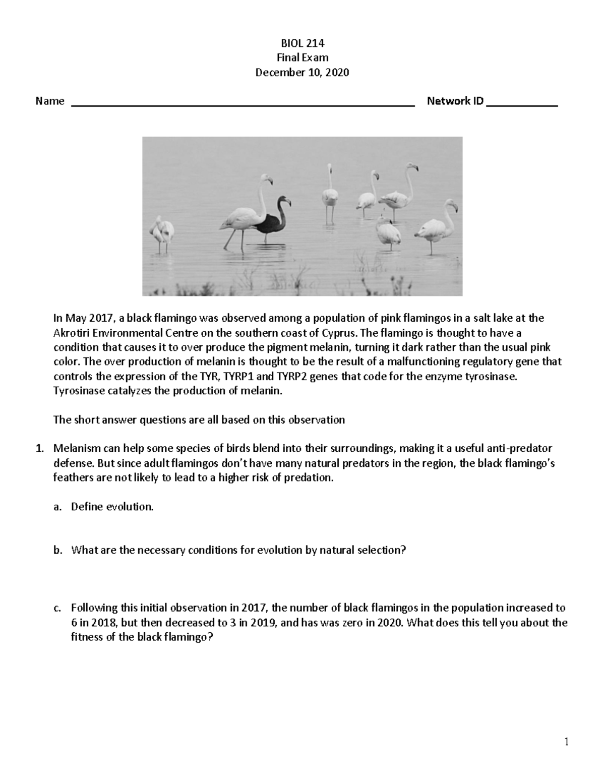 Bio final short answer - BIOL 214 Final Exam December 10, 2020 Name ...