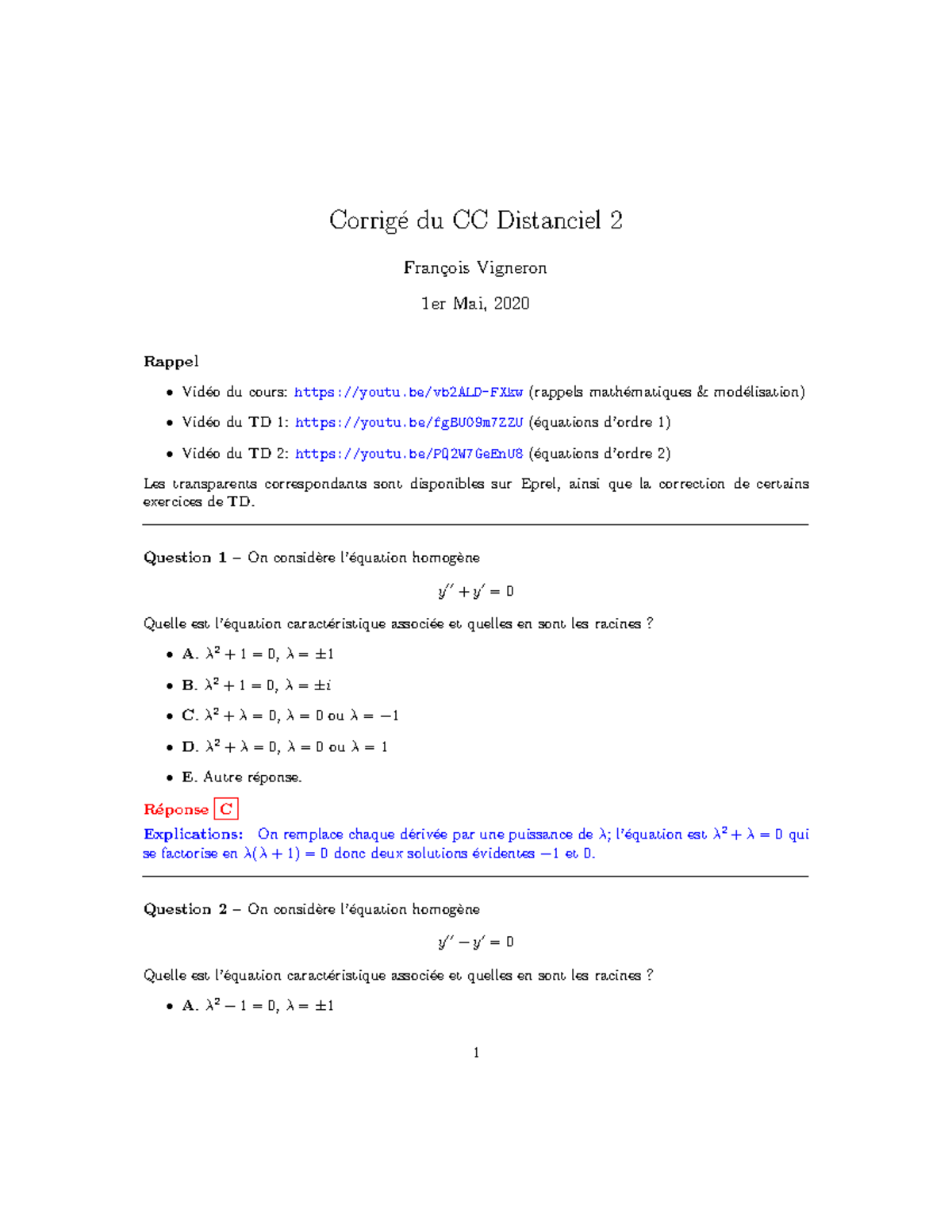 Examens et corrections NUMÉRO 2 de mathématiques L1 CB SVT - Corrig ́e ...