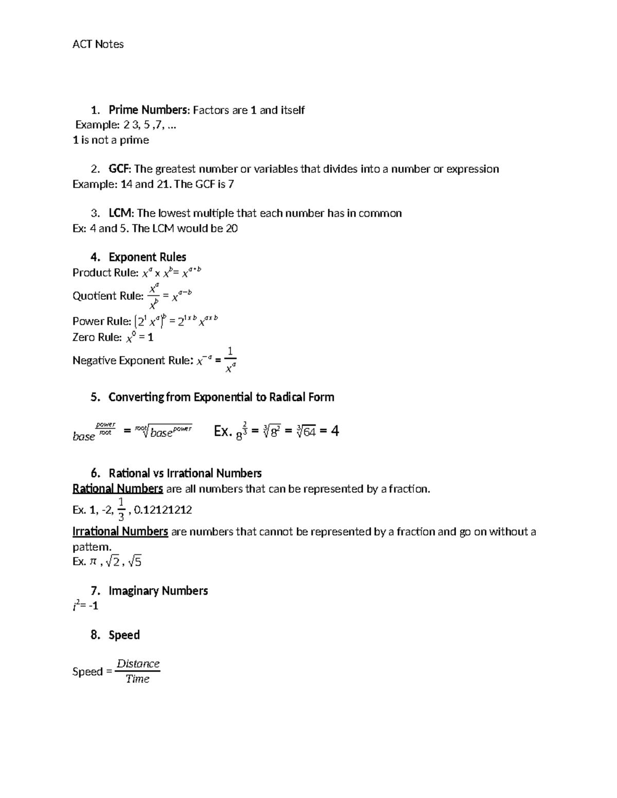 Act Math Review Sheet 2024 to 2025. Revised - Prime Numbers: Factors ...