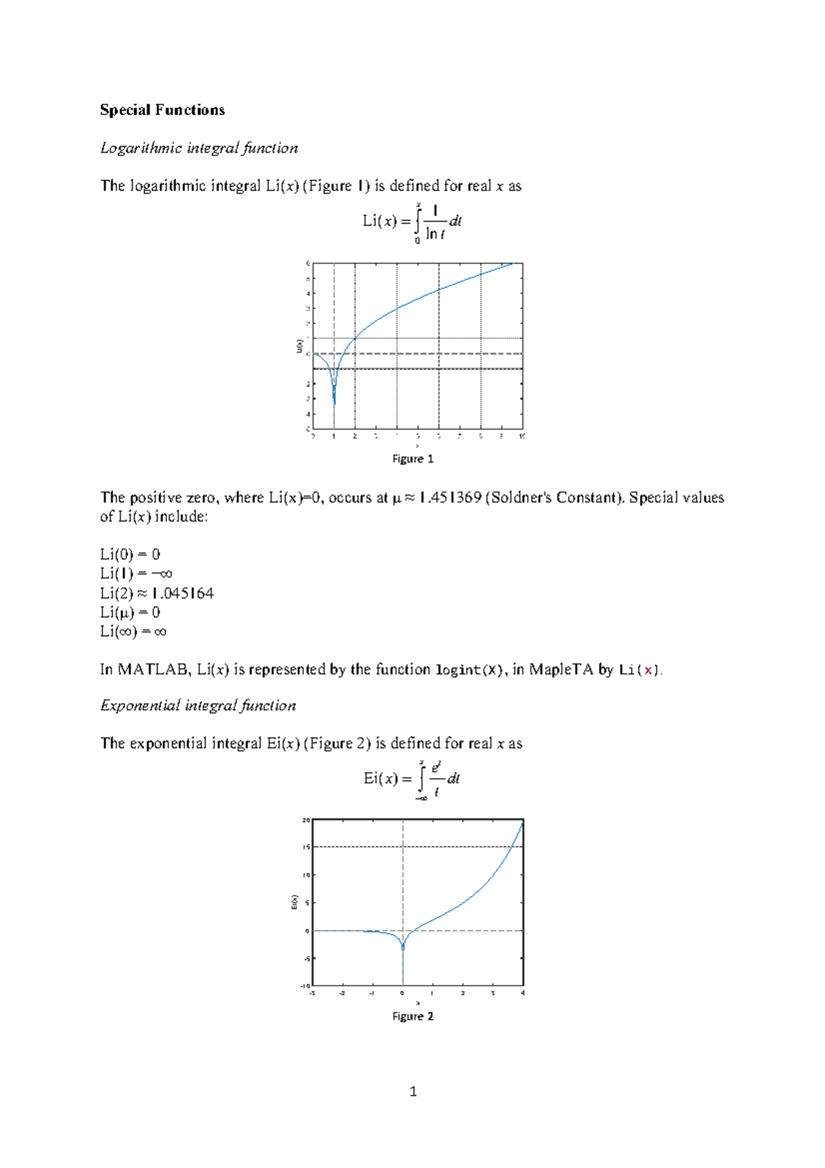 Special Functions - Special Functions Logarithmic integral function The ...