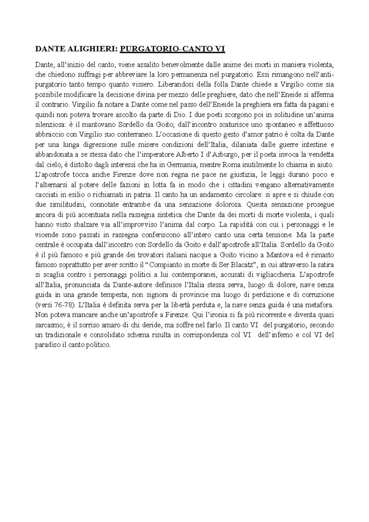 Canto sesto - DANTE ALIGHIERI: PURGATORIO-CANTO VI Dante, all’inizio ...