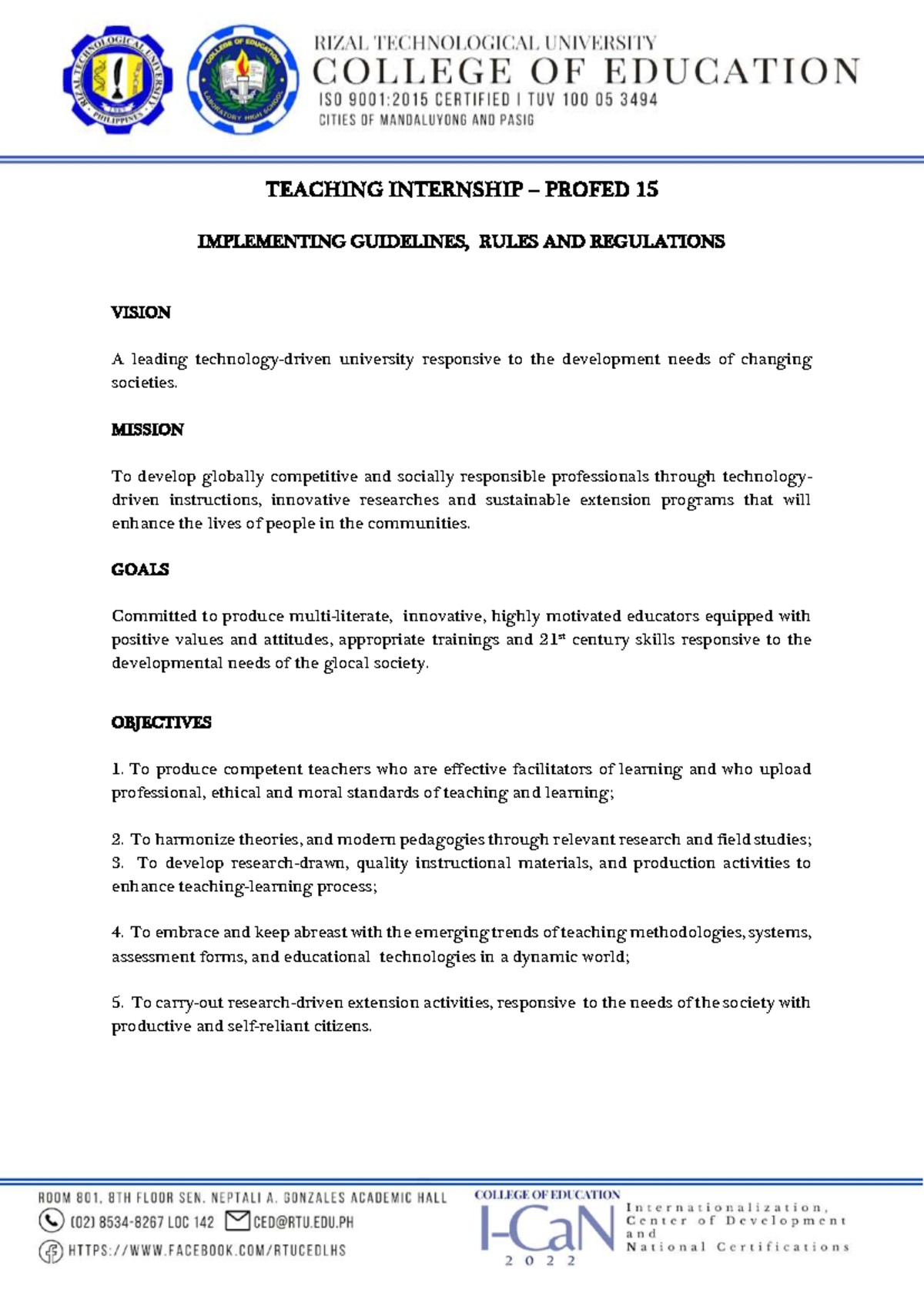 Updated Teaching-Internship-Guidelines - TEACHING INTERNSHIP – PROFED 15 IMPLEMENTING GUIDELINES ...