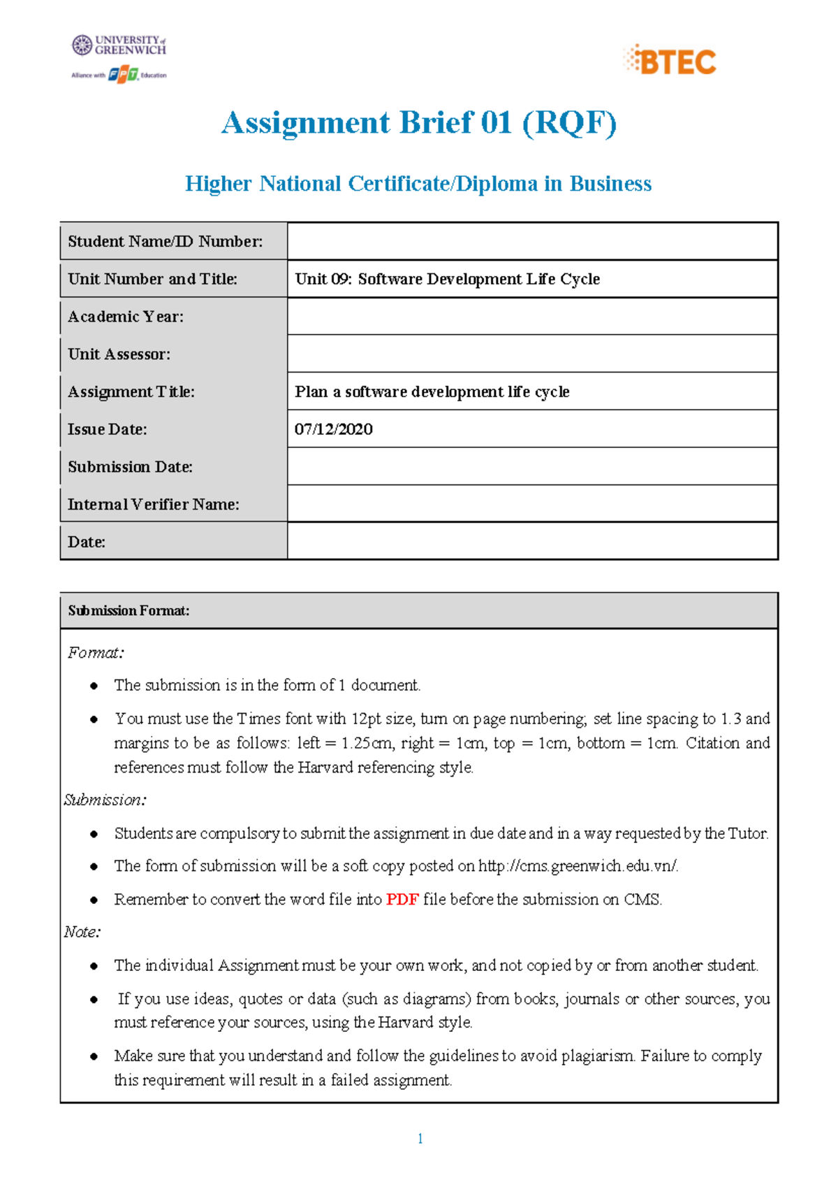 1 Unit 09. Assignment 01 Brief - Assignment Brief 01 (RQF) Higher National Certificate/Diploma ...