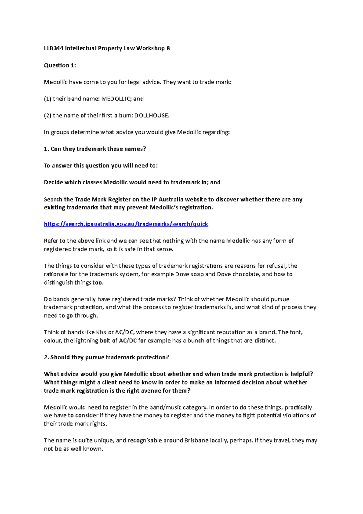 Week 8 IP Law Tutorial - LLB344 - QUT - Studocu