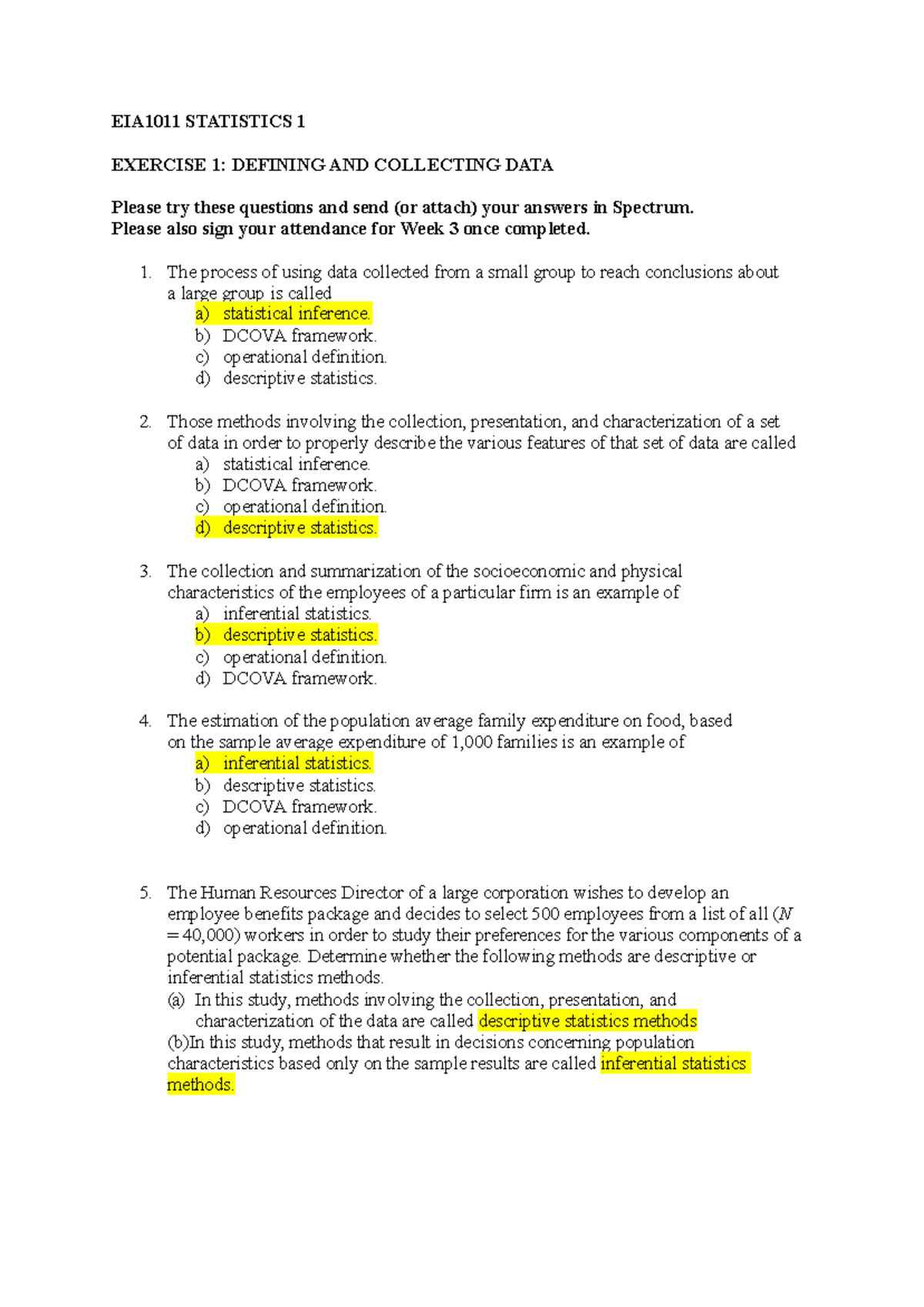 Exercise 1 Week 3 - STATISTICS TUTORIAL QUESTION - EIA1011 STATISTICS 1 ...