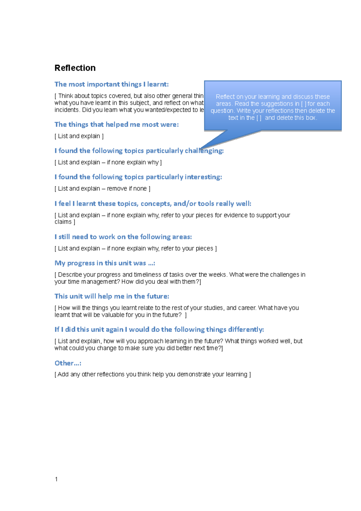 Reflection Peer Assessment Template - Reflection The most important ...