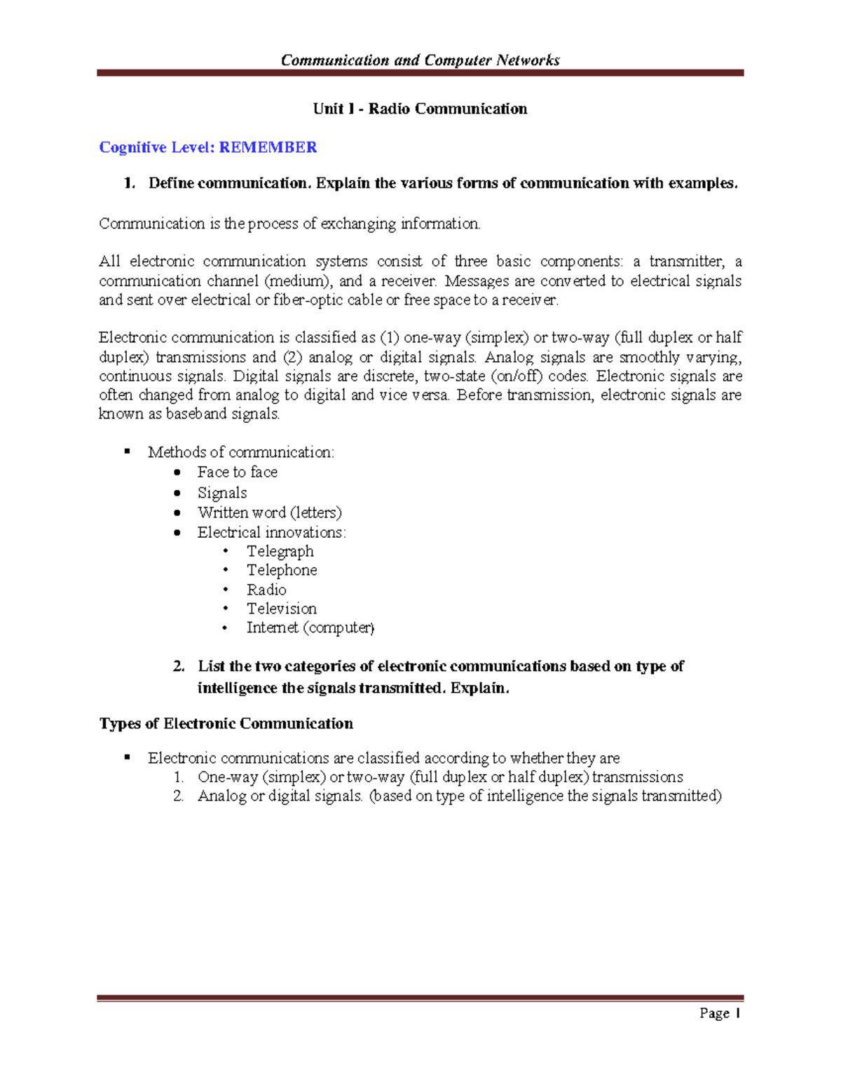 Ccn Unit 1 Basic Electronics Unit I Radio Communication Cognitive Level Remember 1