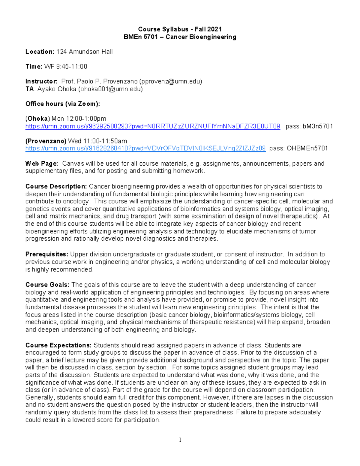 Course Syllabus BMEn 5701 Provenzano Fall 2021 - Course Syllabus - Fall ...