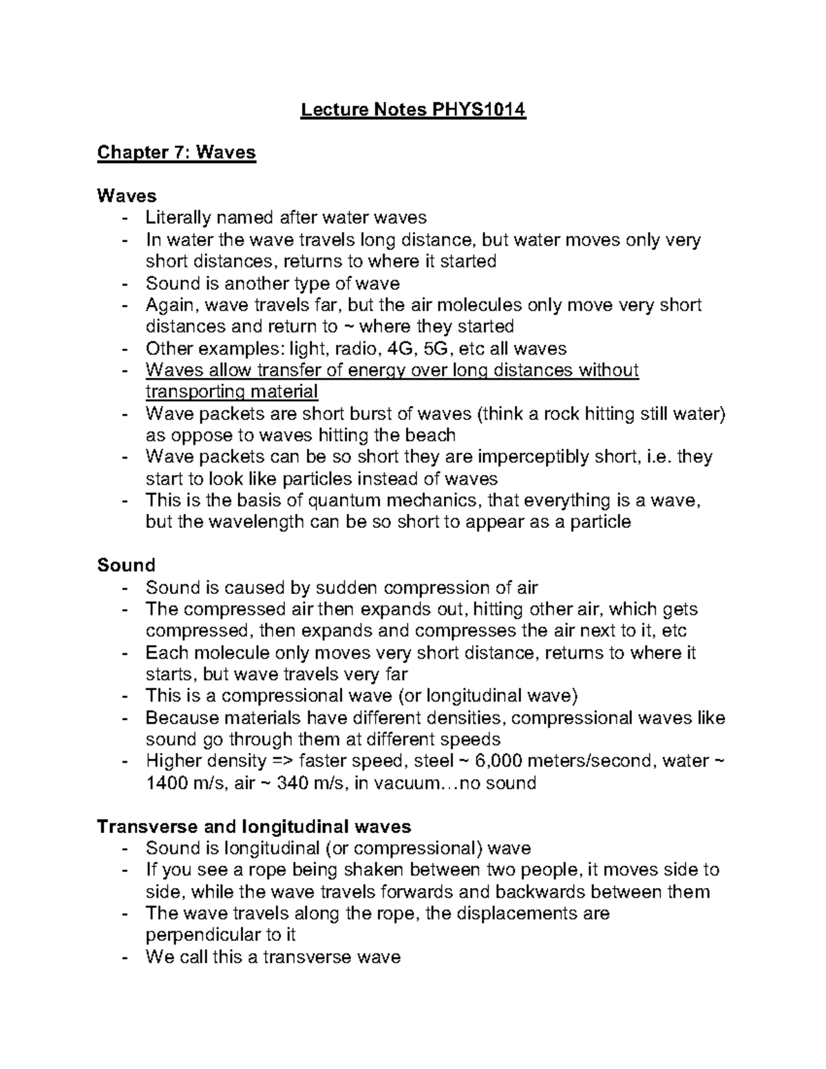 Physics ch1-ch13 lecture notes - Lecture Notes PHYS Chapter 7: Waves ...
