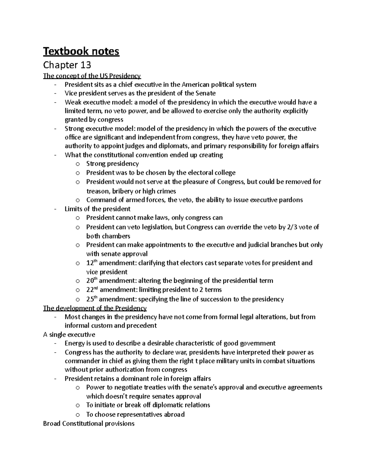 Exam 2 textbook notes - Textbook notes Chapter 13 The concept of the US ...