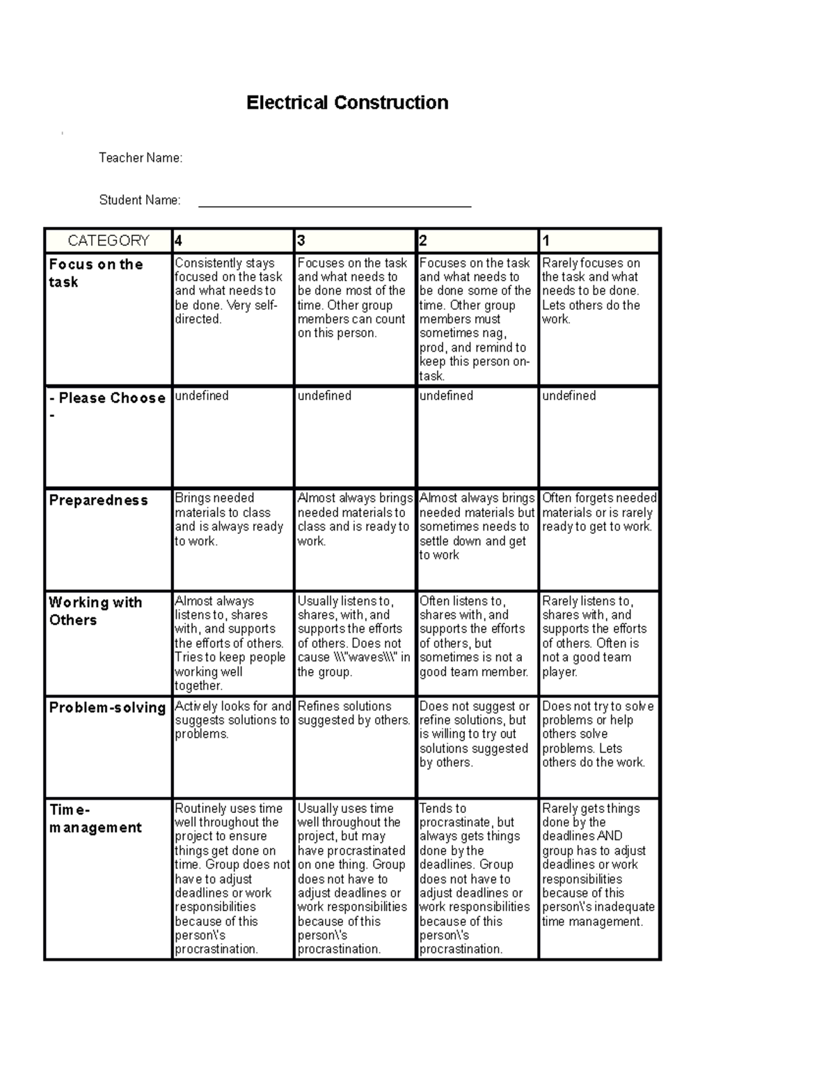 Rubric Electrical Construction - Electrical Construction Teacher Name ...