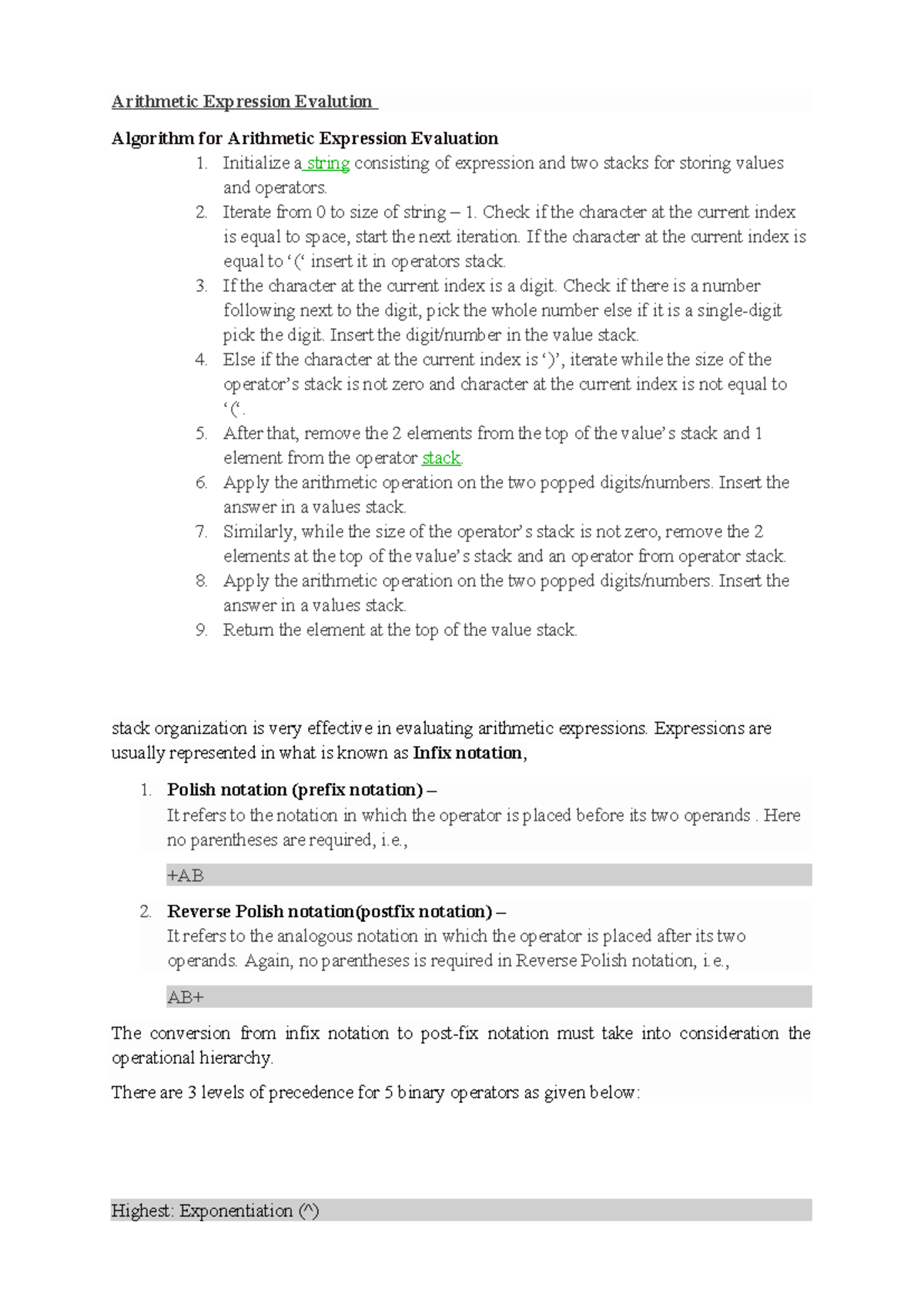 Evaluate Arithmetic Expression Arithmetic Expression Evalution Algorithm For Arithmetic