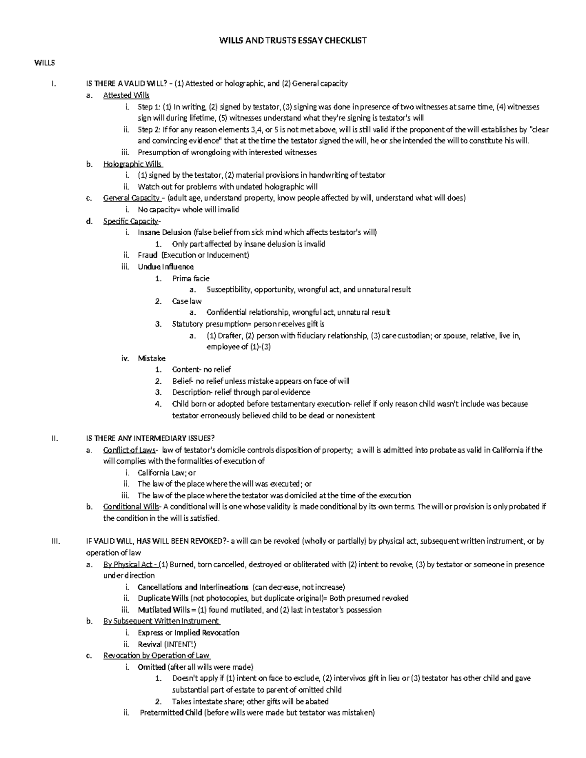Wills AND Trusts Essay Checklist - WILLS AND TRUSTS ESSAY CHECKLIST ...
