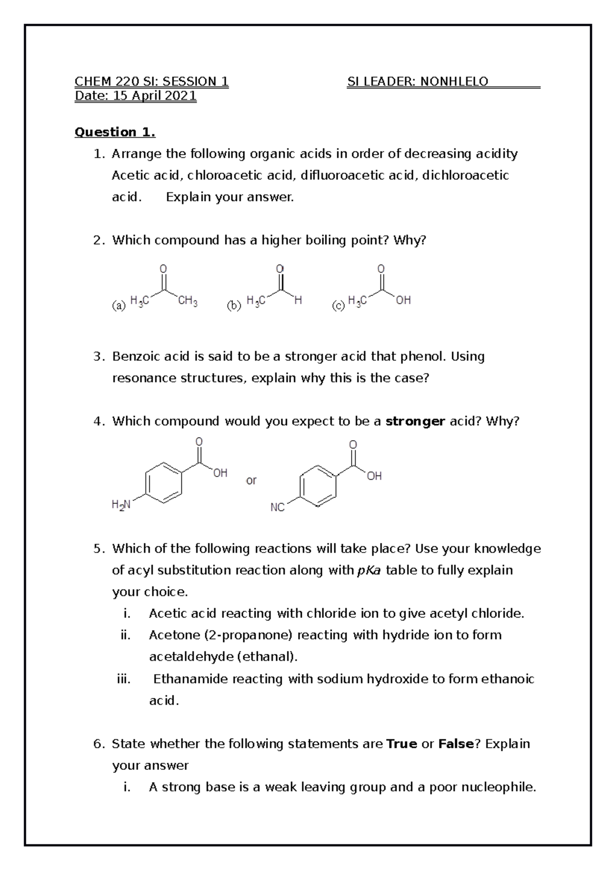 SI worksheet 1 (Acidity and Reactivity of carbonyl compounds) - CHEM ...