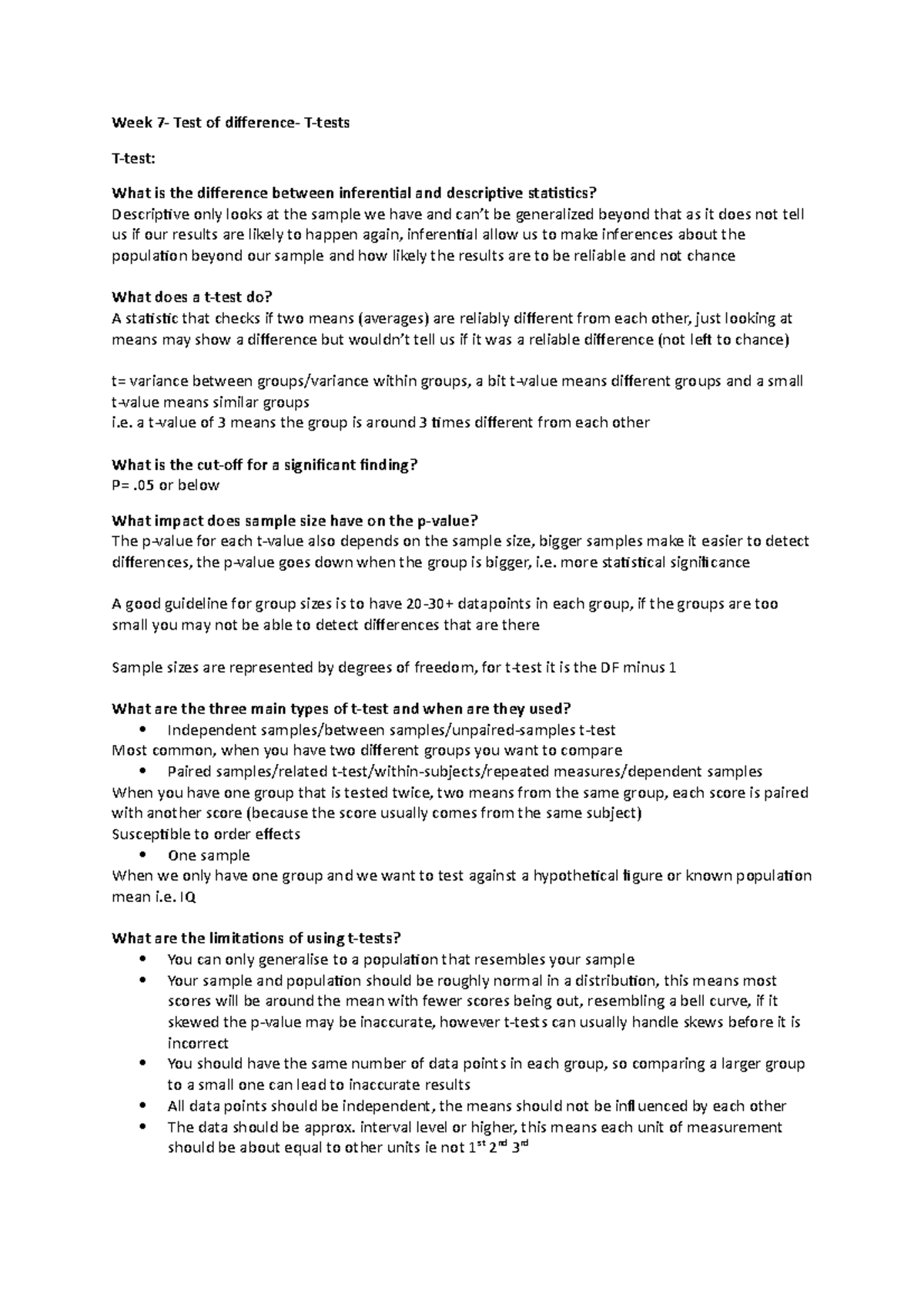 Notes - All information on t-tests, how to conduct them in SPSS and how ...