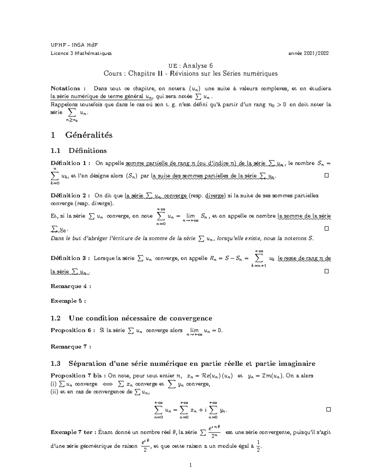 Chapitre 2 Révision sur les séries Numériques - UPHF - INSA HdF Licence ...