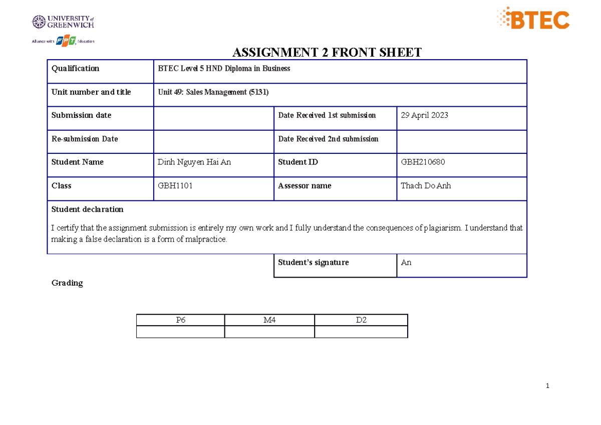 1 Unit-49 5131 ass - ASSIGNMENT 2 FRONT SHEET Qualification BTEC Level 5 HND Diploma in Business ...