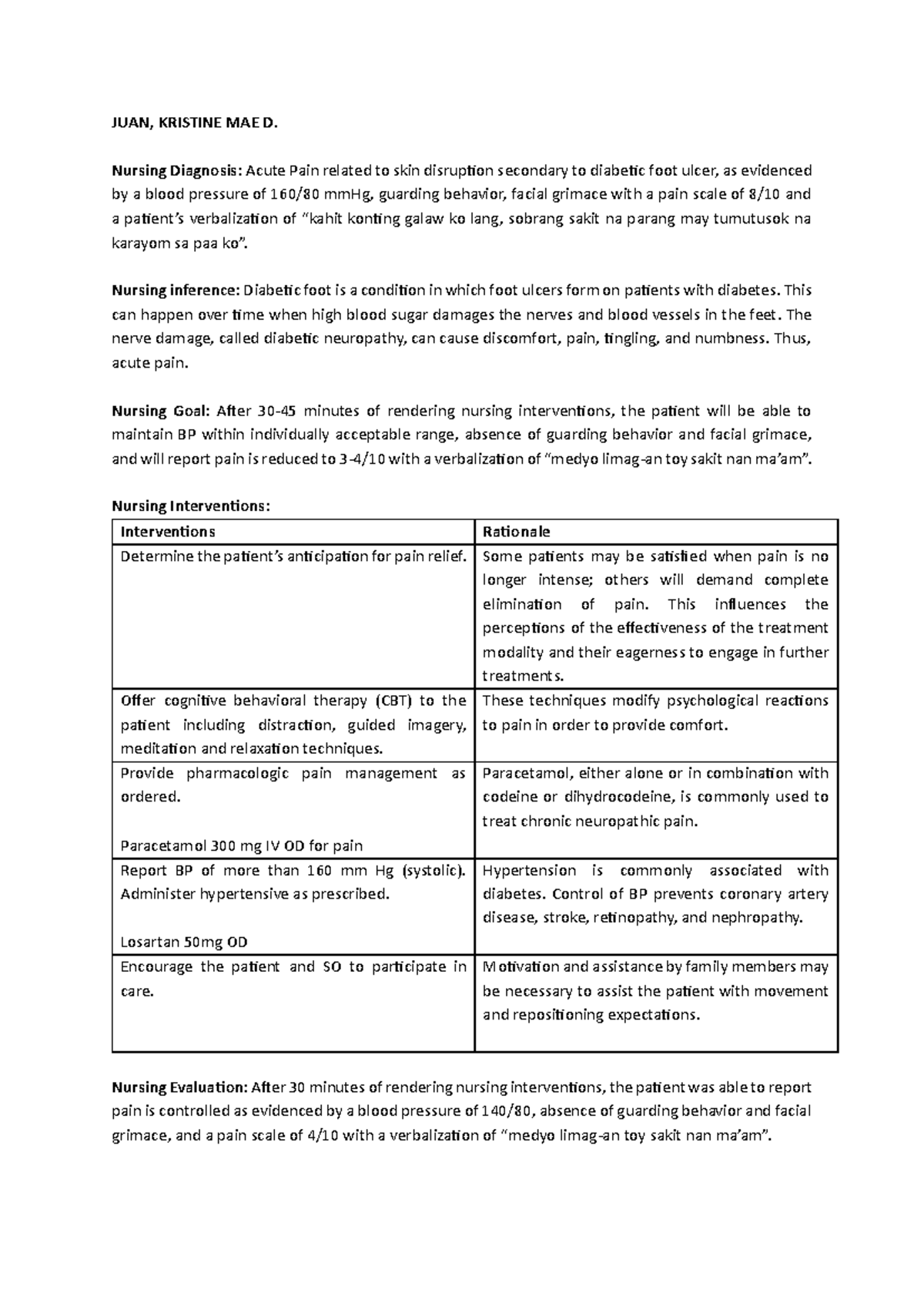 Acute pain ncp dm foot - NCP for DM foot - JUAN, KRISTINE MAE D ...