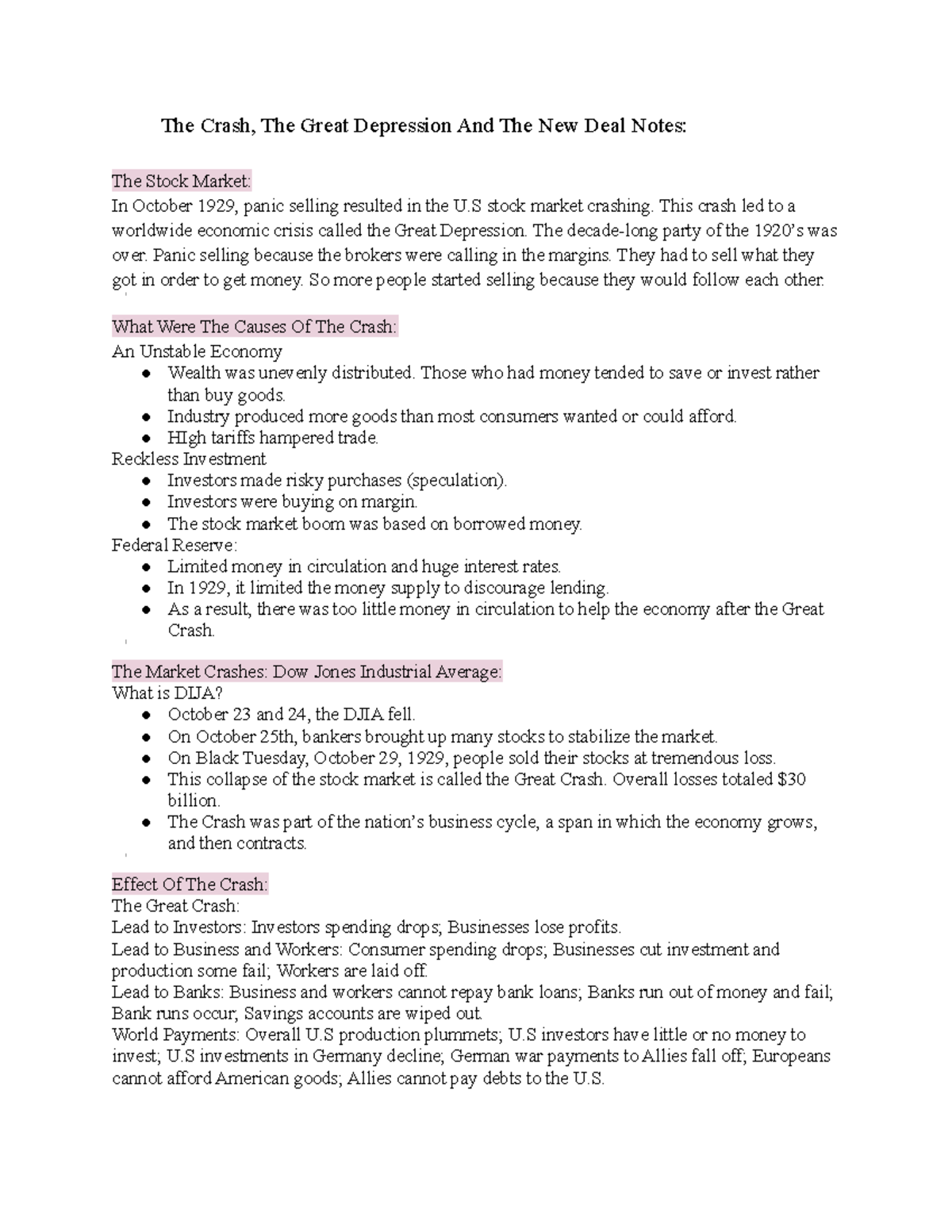 The Crash, The Great Depression and The New Deal Notes - This crash led ...