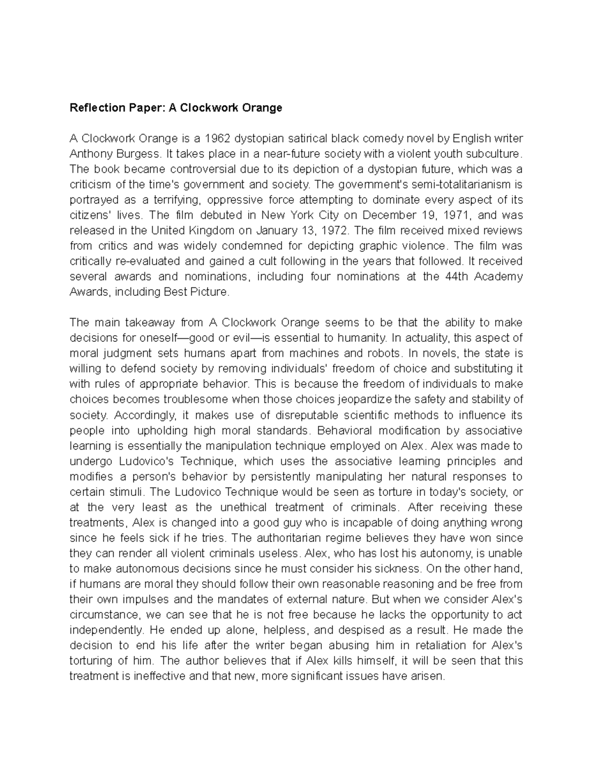 Clockwork-Reflection - Reflection Paper: A Clockwork Orange A Clockwork ...