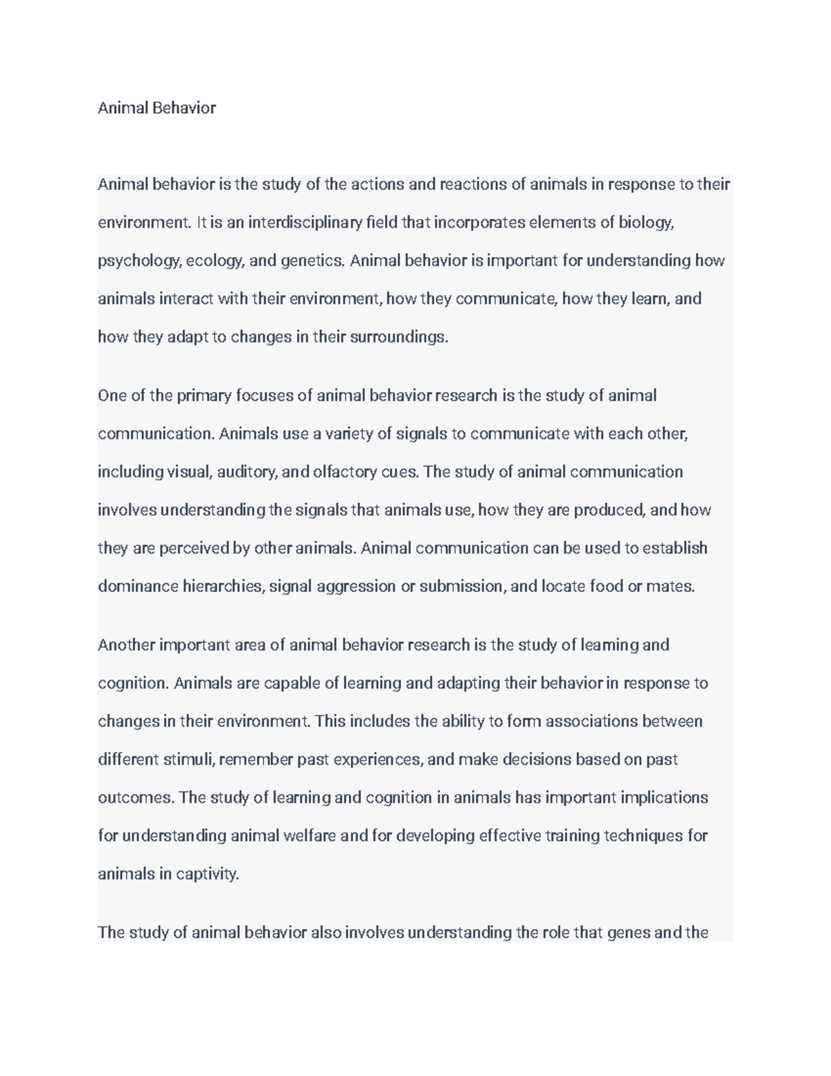 Animal Behavior - Animal Behavior Animal behavior is the study of the ...