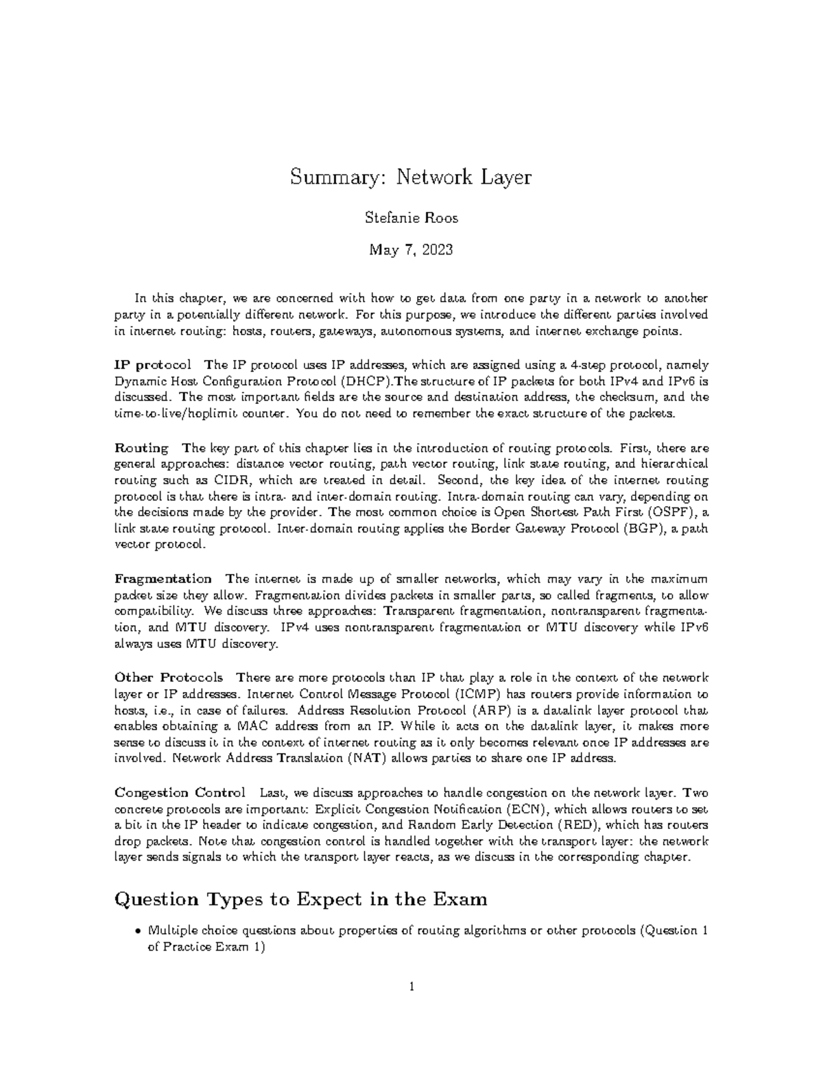 Networklayer-summary - Summary: Network Layer Stefanie Roos May 7, 2023 ...