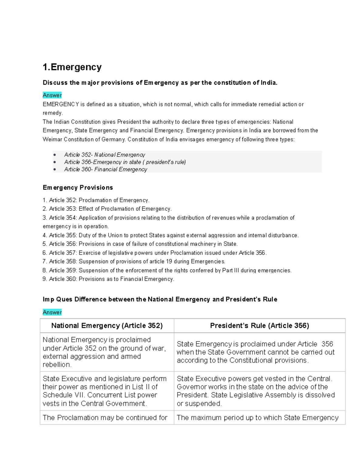 COI Notes - 1 Discuss the major provisions of Emergency as per the ...