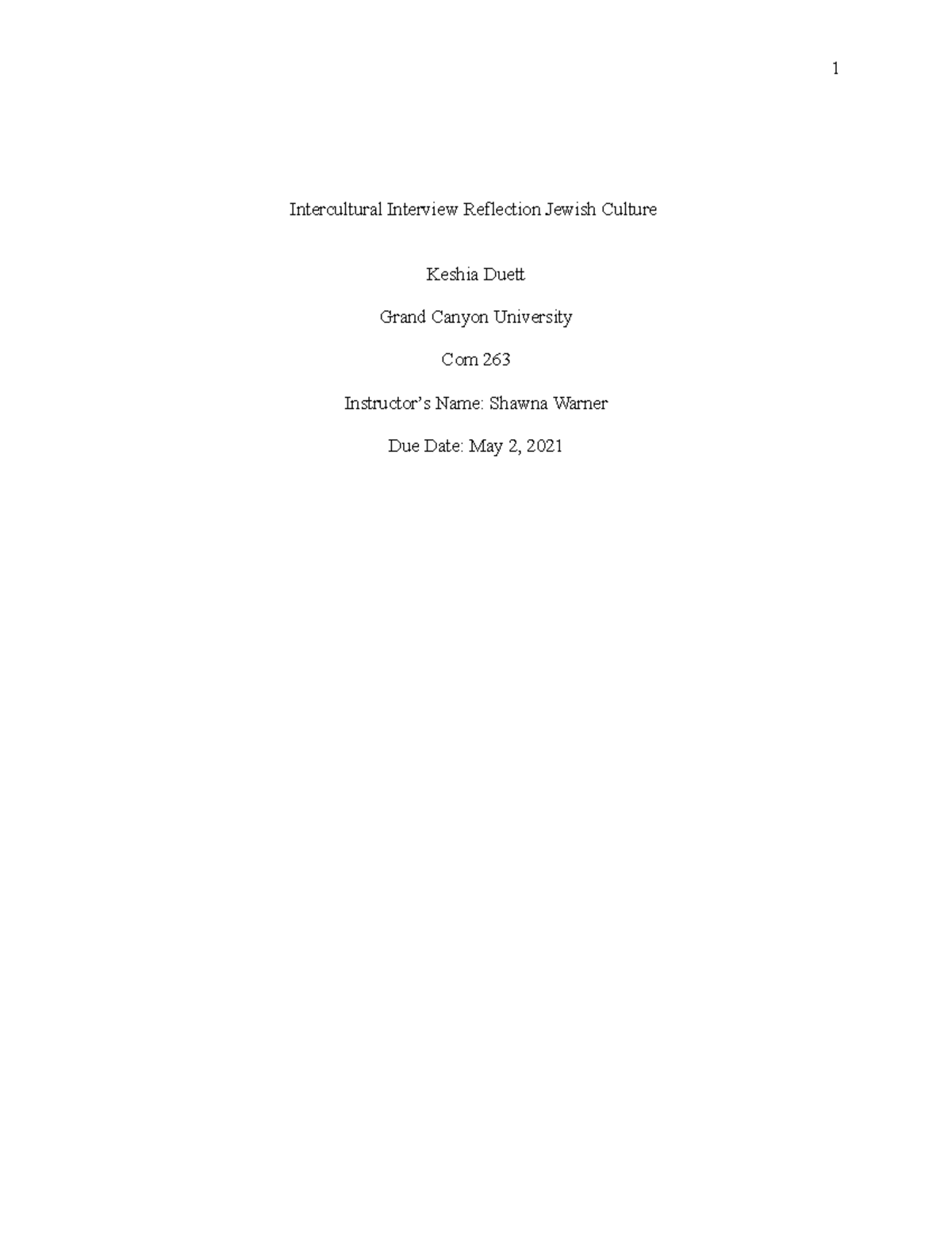 Interview for com 263 - Intercultural Interview Reflection Jewish ...