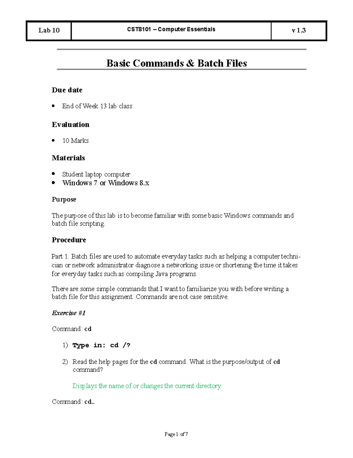 CST8101 Lab10ab - LAB #10 - Basic Commands & Batch Files Due date End of Week 13 lab class - Studocu