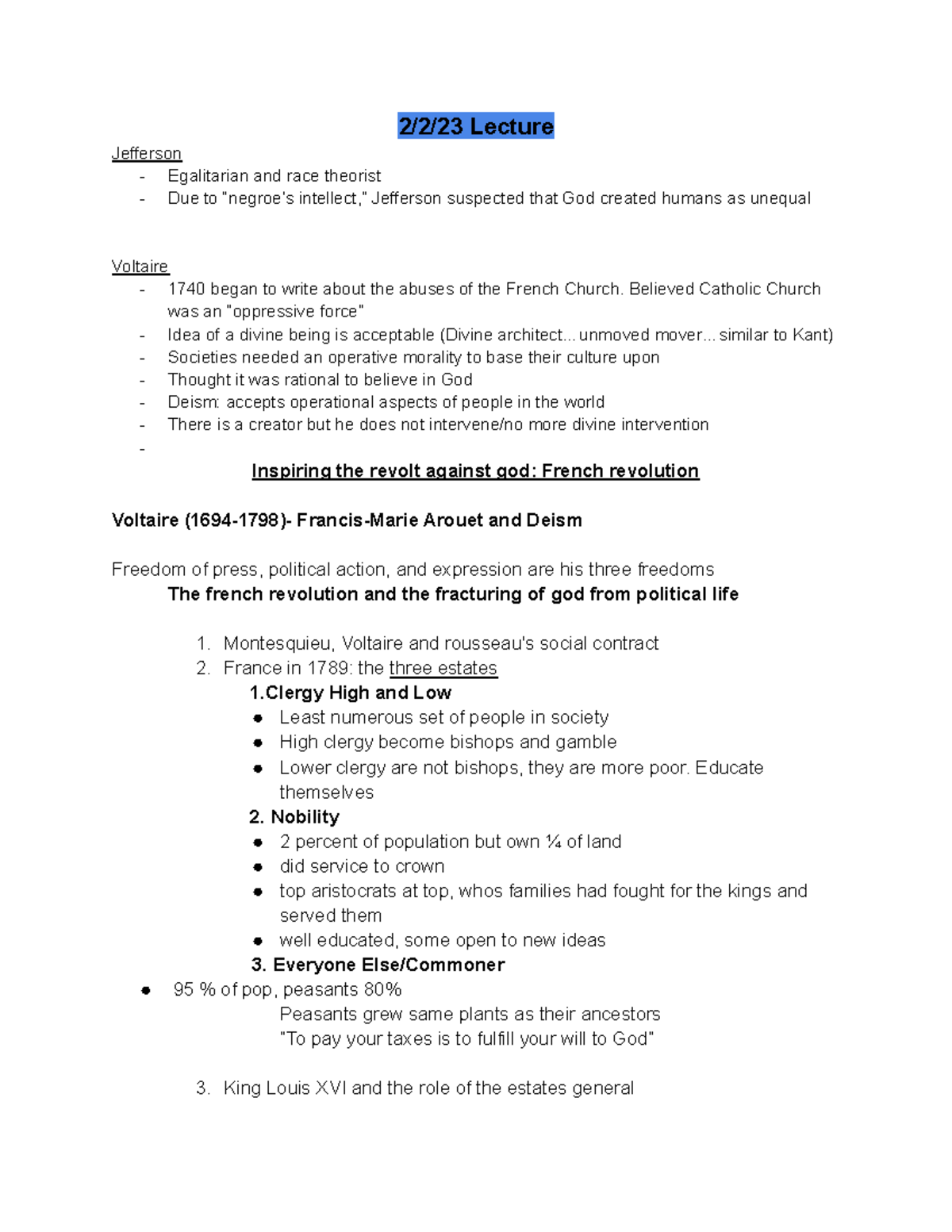 2 2 23 Lecture - 2/2/23 Lecture Jefferson - Egalitarian and race ...